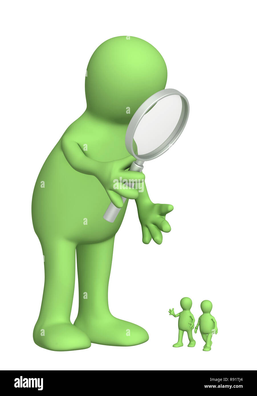 Giant with a magnifier and small people. Over white Stock Photo - Alamy