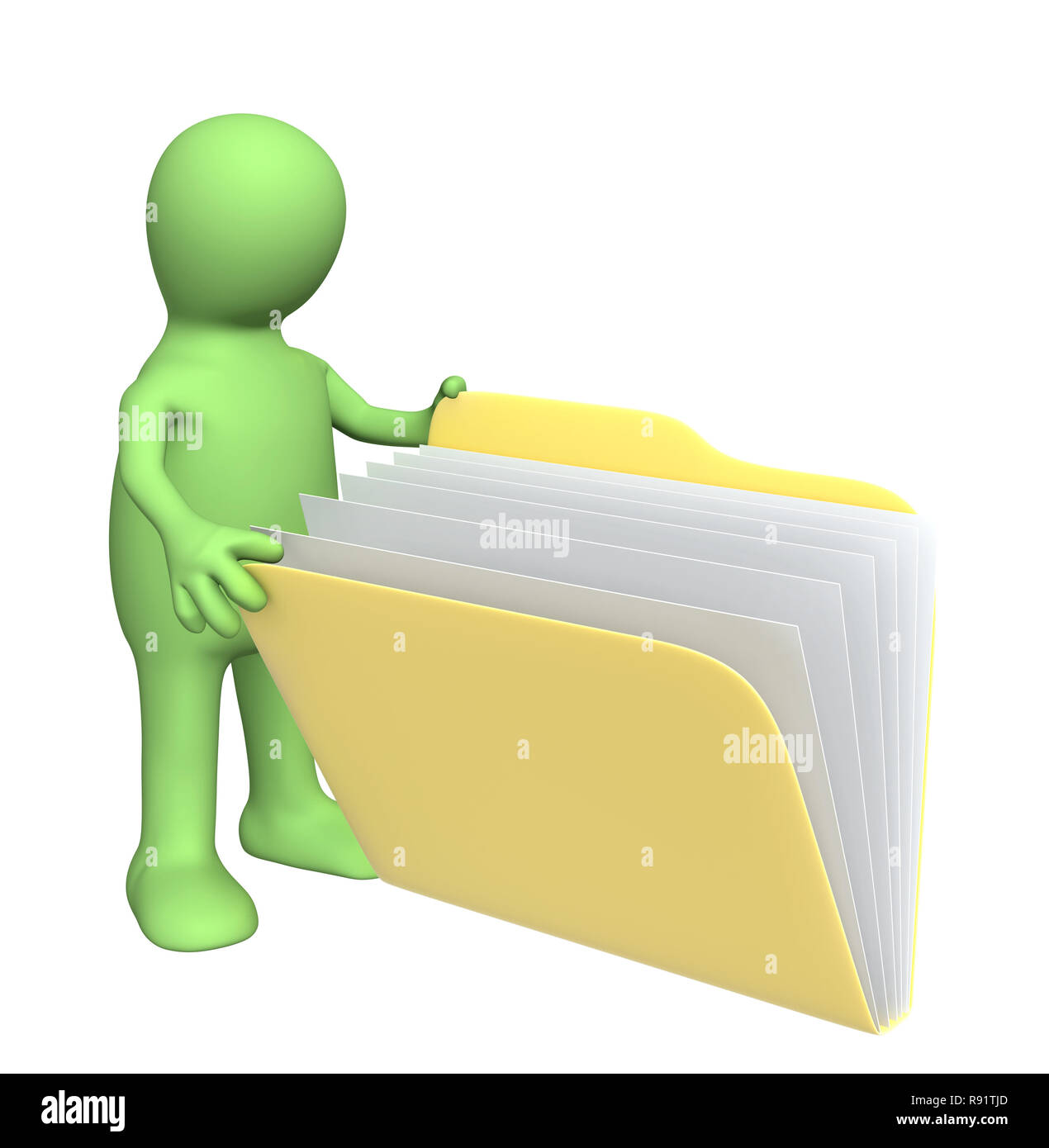 3d puppet, opening folder with documents. Object over white Stock Photo ...