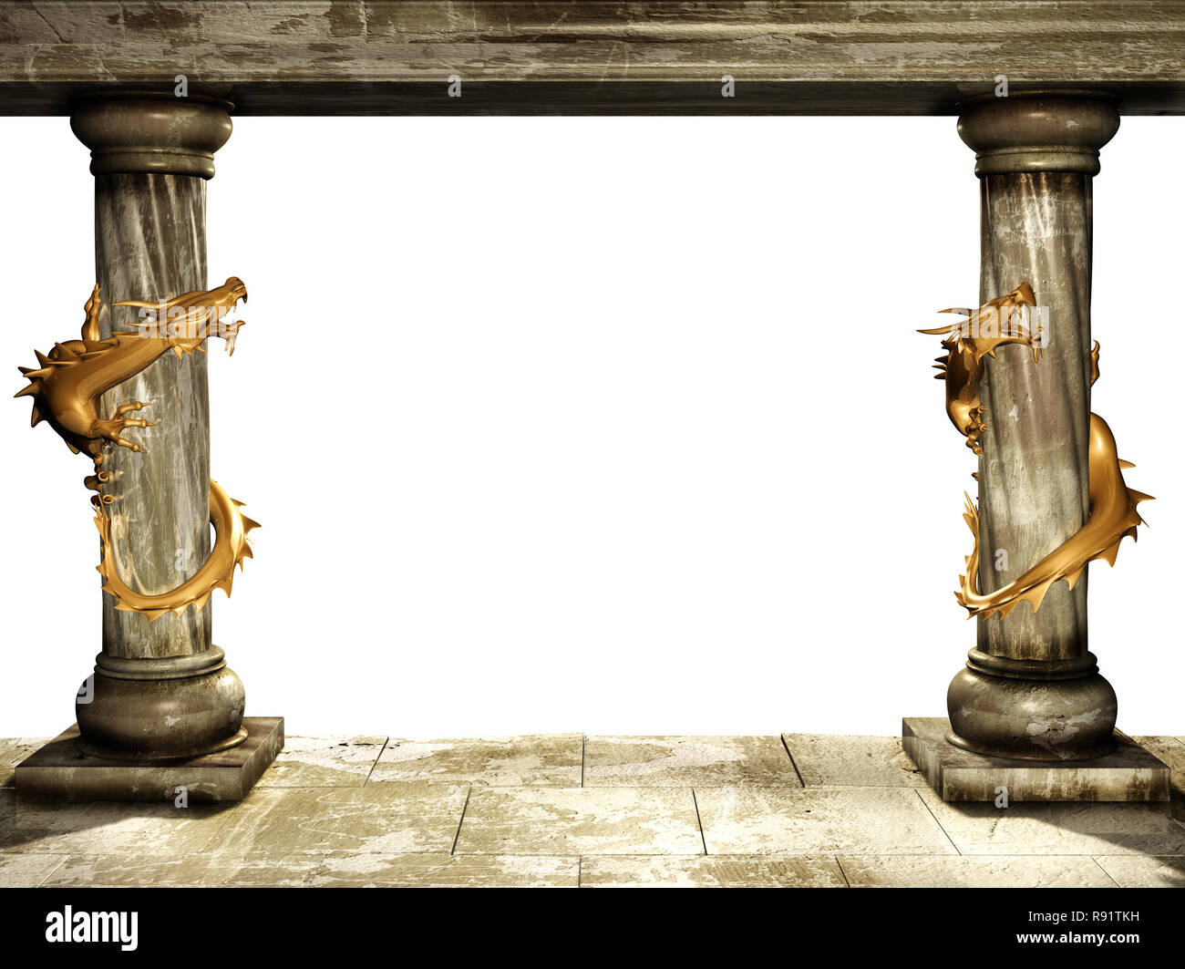 Frame with two medieval columns and dragons. Isolated over white Stock ...
