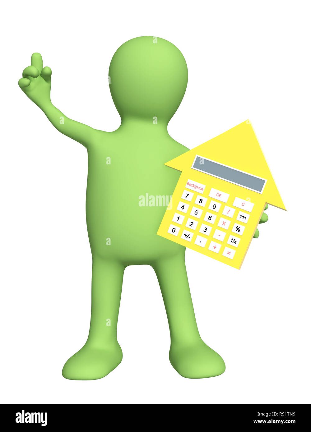 3d puppet with calculator in form of house Stock Photo - Alamy