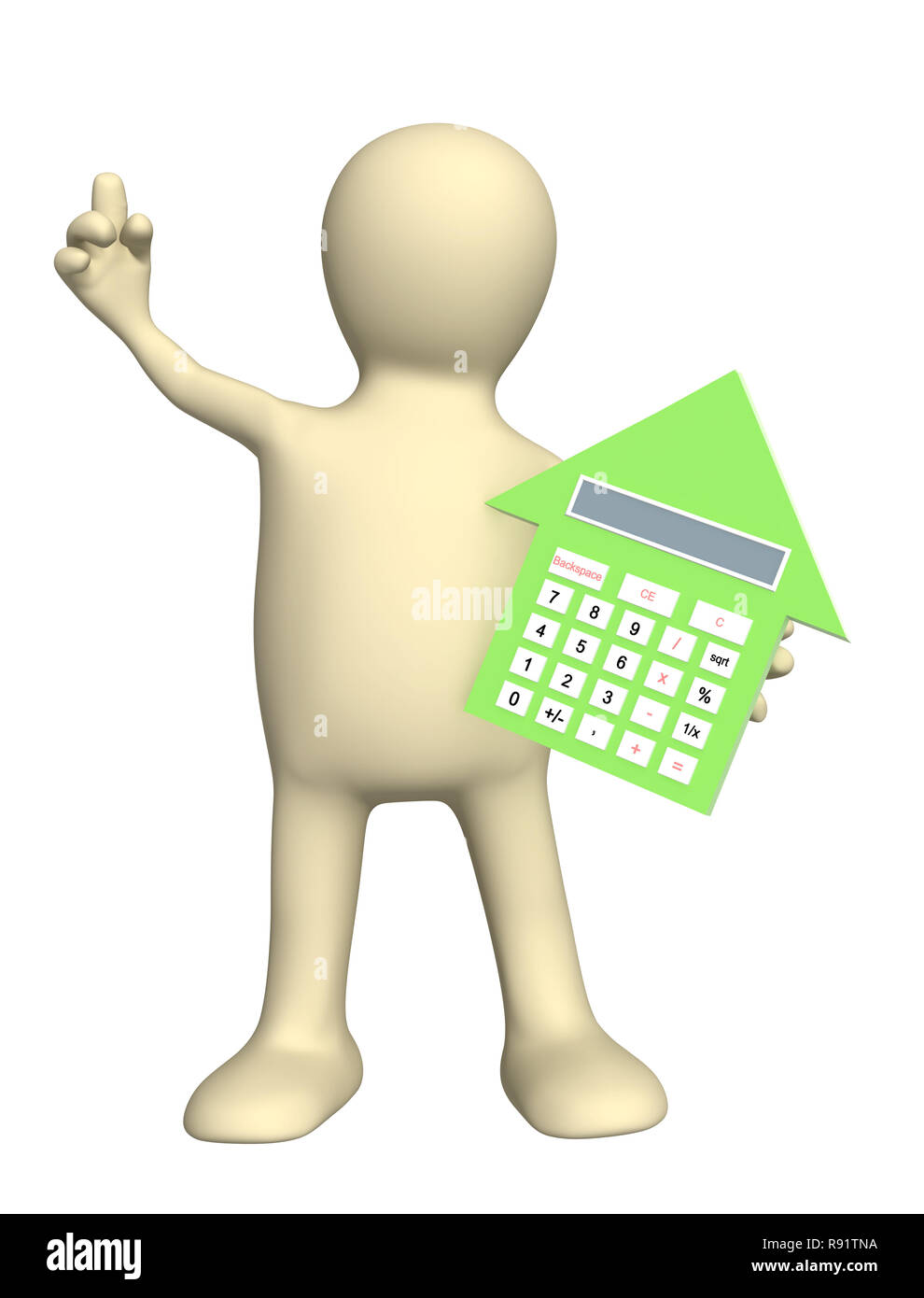 3d puppet with calculator in form of house Stock Photo - Alamy