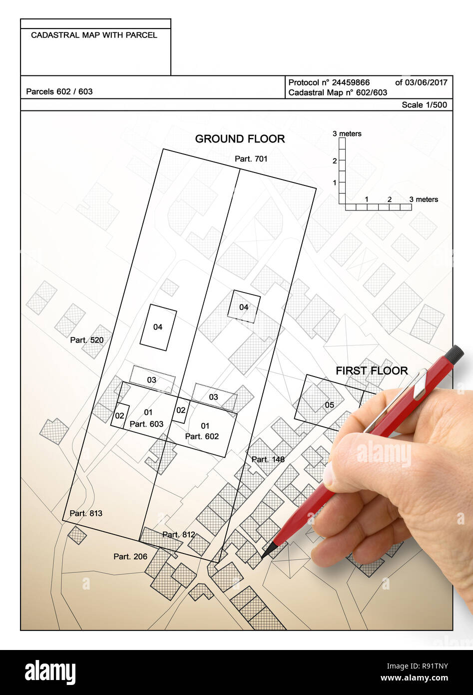 Hand drawing an imaginary cadastral map of territory with buildings and ...