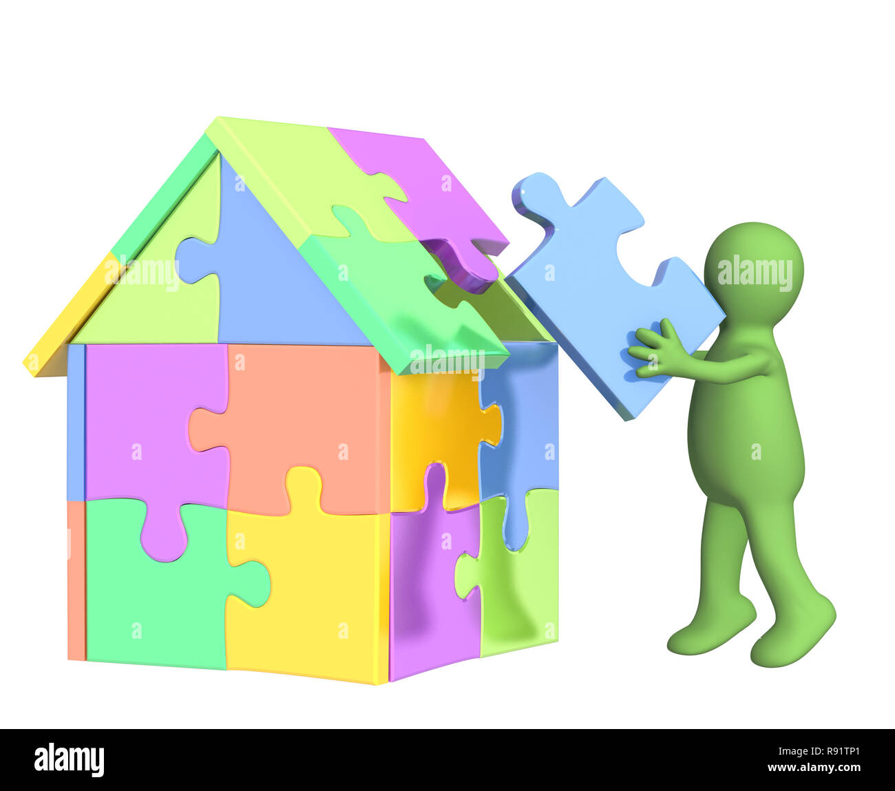 3d puppet, building the house. Over white Stock Photo - Alamy