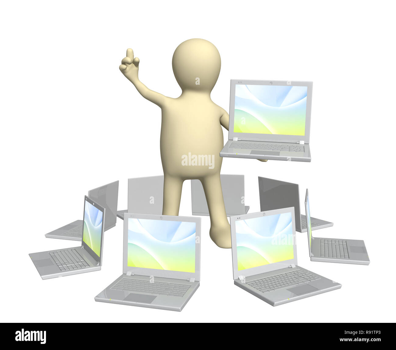 3d puppet with laptop in hand. Object over white Stock Photo - Alamy