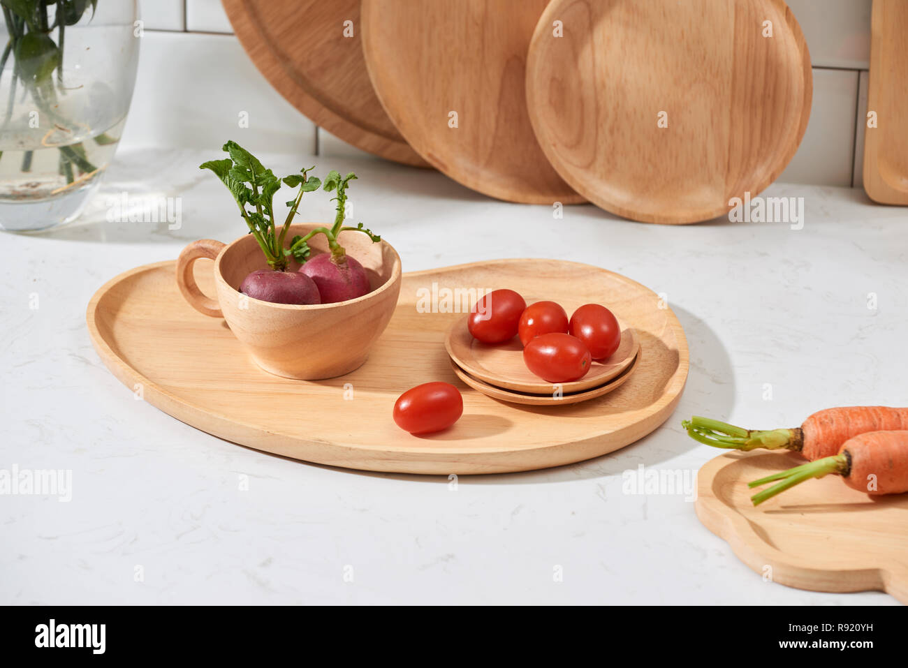 Kitchen utensils with fresh vegetable and fruit on the table. Kitchen ...