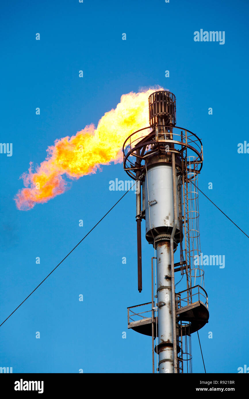 Flaring off gas at the oil terminal on the Island of Flotta in the ...
