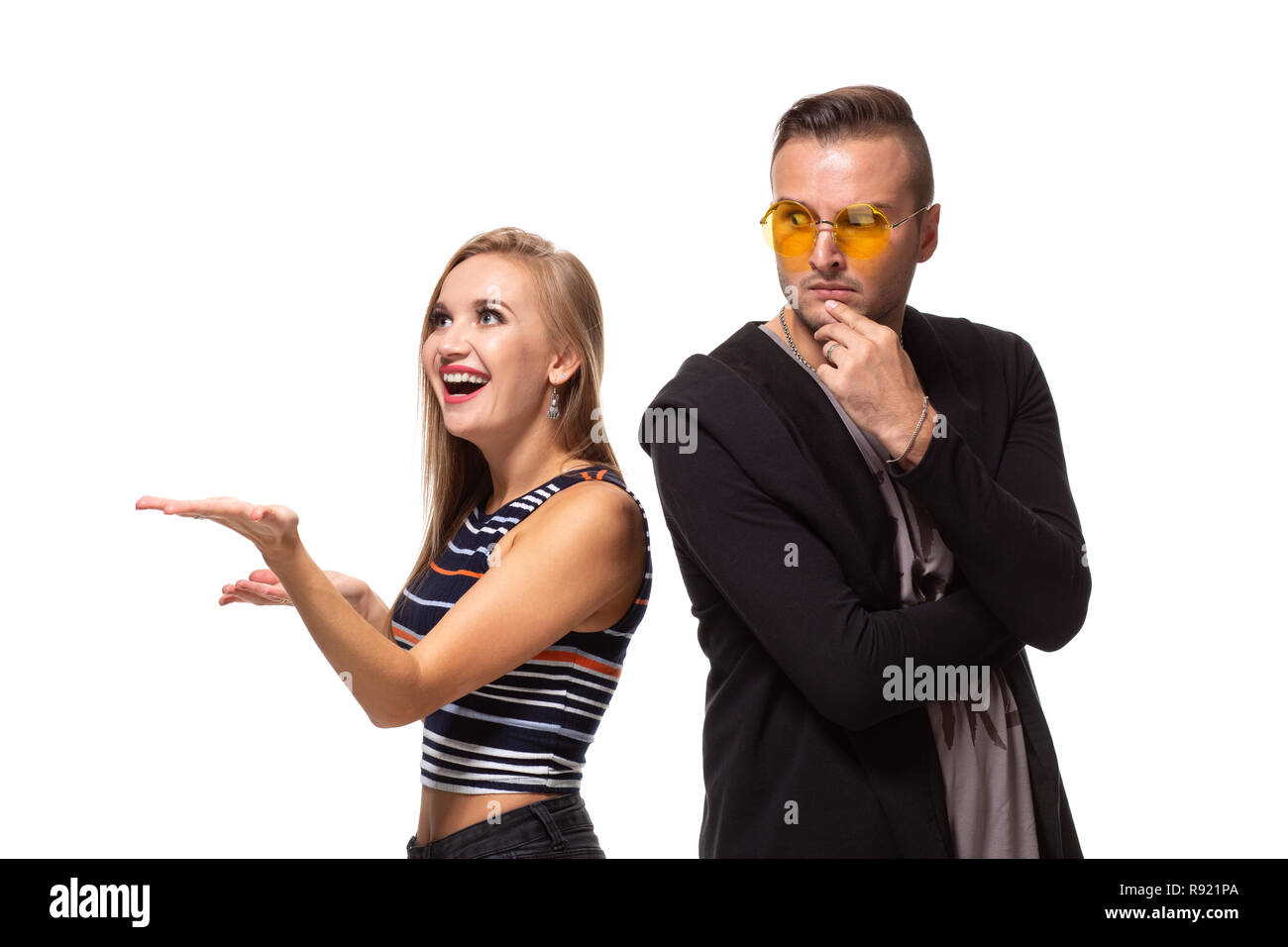 Couple watching look at something and have different emotions concept ...