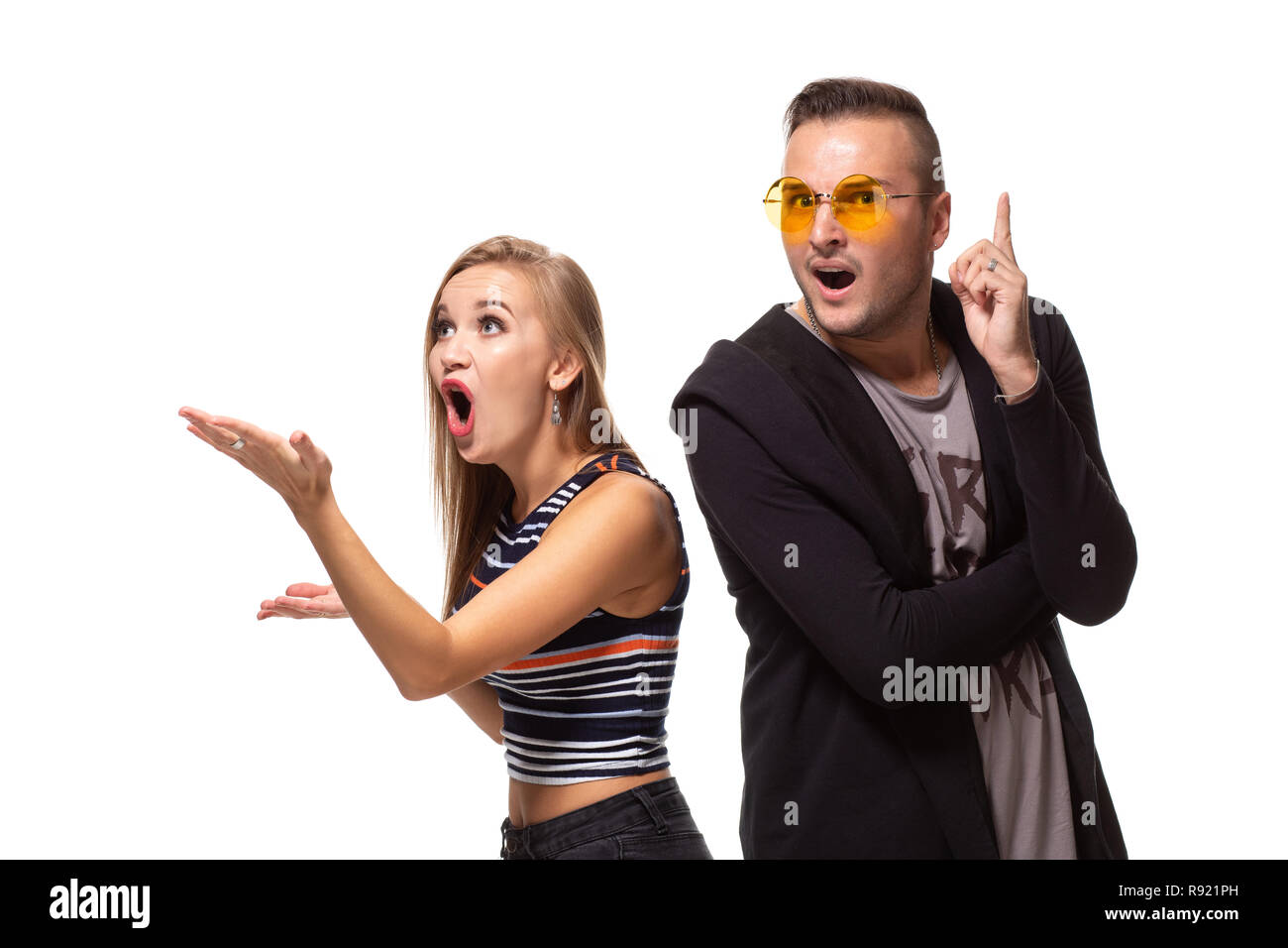 Couple watching look at something and have different emotions concept ...