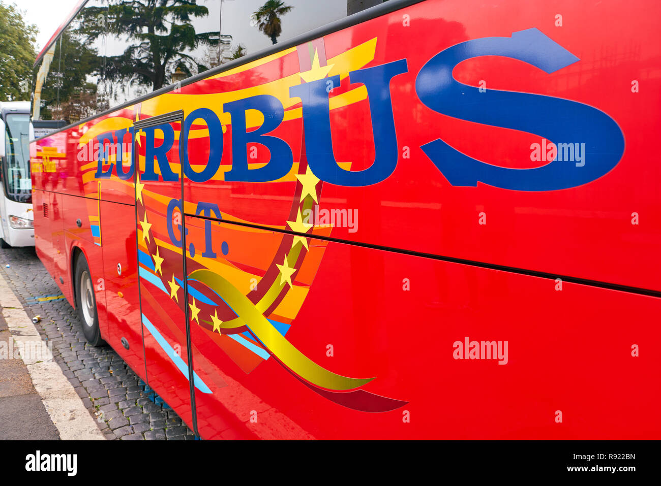 ROME, ITALY - CIRCA NOVEMBER, 2017: close up shot of Eurobus sign on a ...