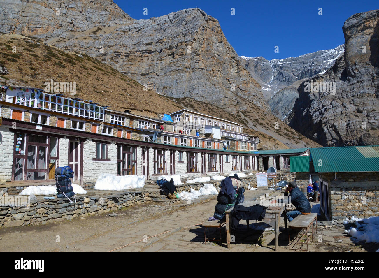 The Thorong Phedi lodge, with backpacks outside the lodges below ...
