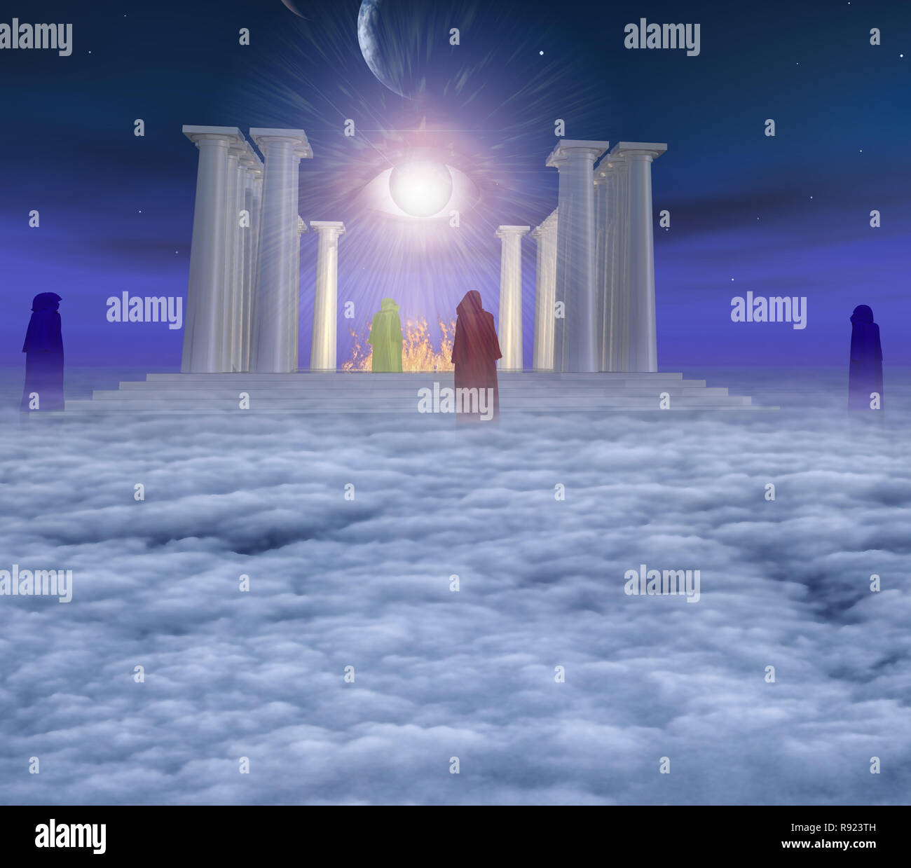 Temple with holy fire. Eye of God in the sky. Priests or monks in ...