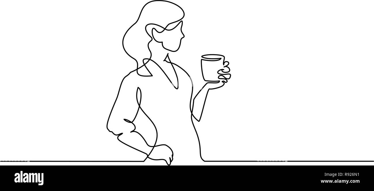 Continuous one line drawing. Woman relaxing with cup of tea. Vector ...