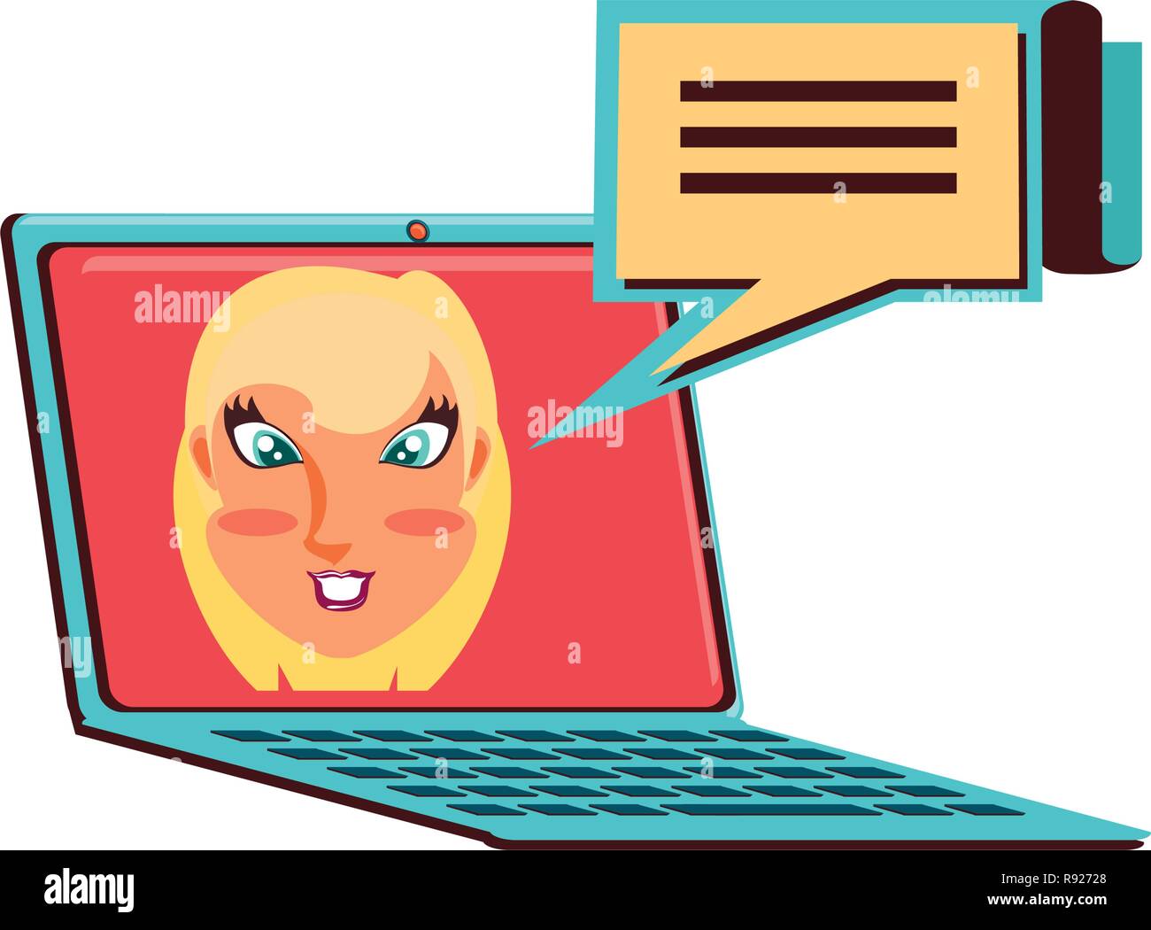 face of woman in laptop computer with speech bubble vector illustration ...