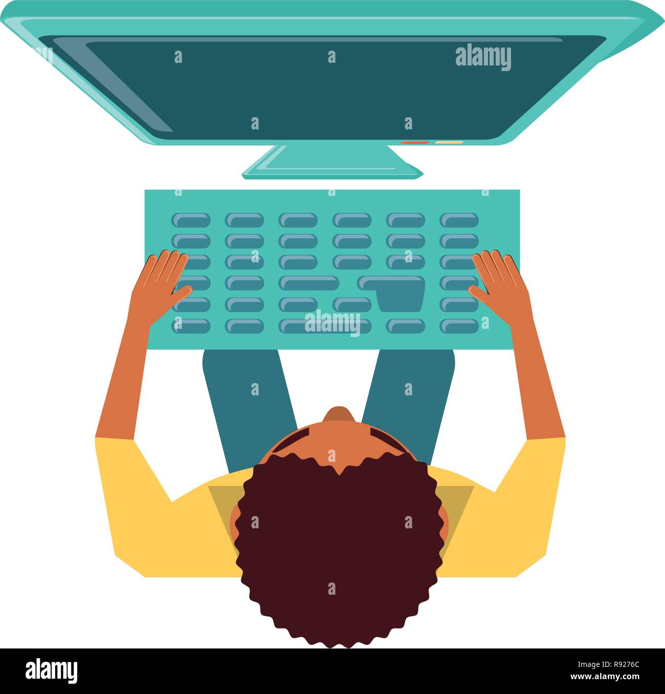 view aerial of man with desktop computer vector illustration design ...