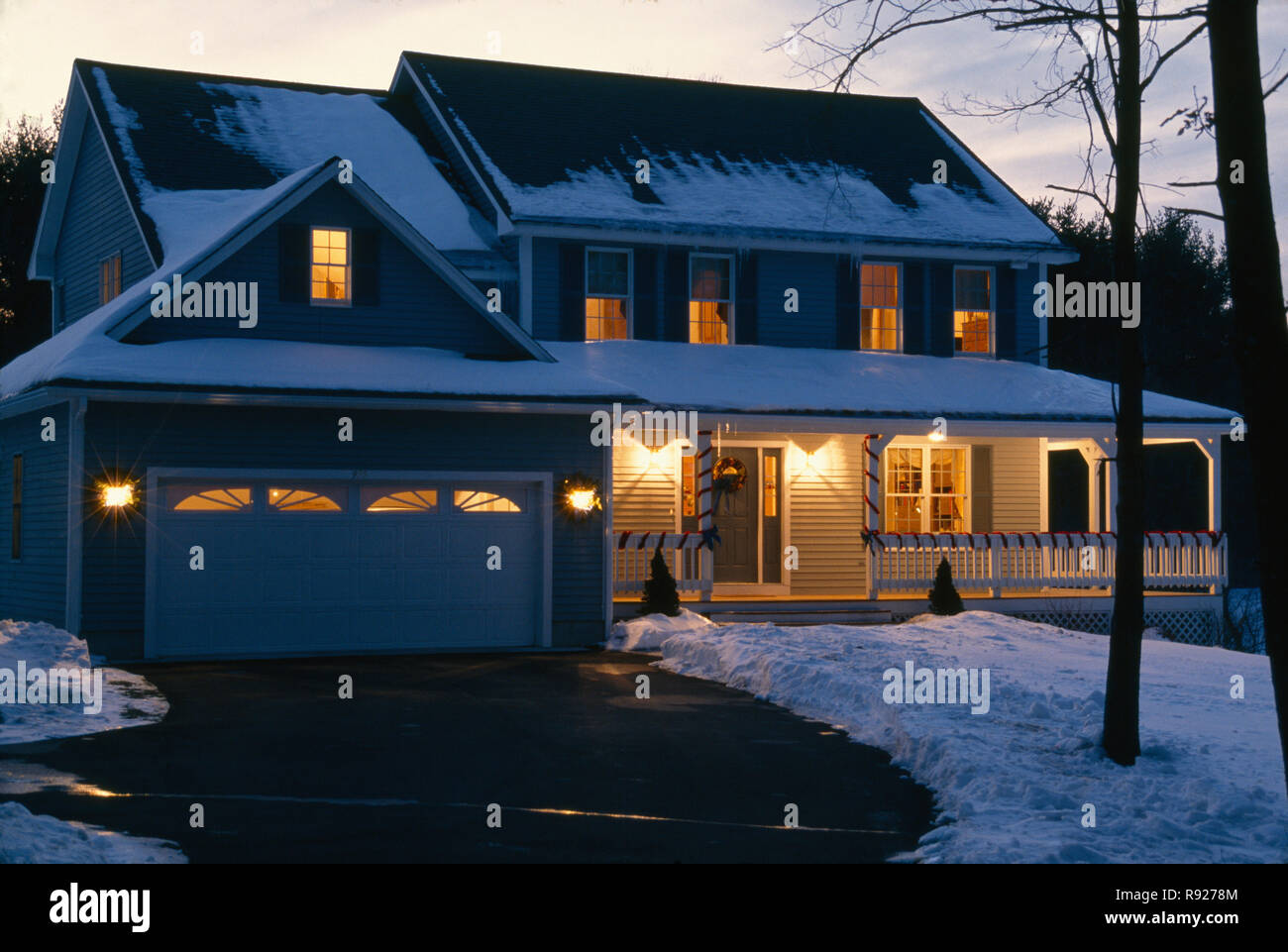 Luxury Suburban House in a Snowstorm, MA, USA Stock Photo - Alamy