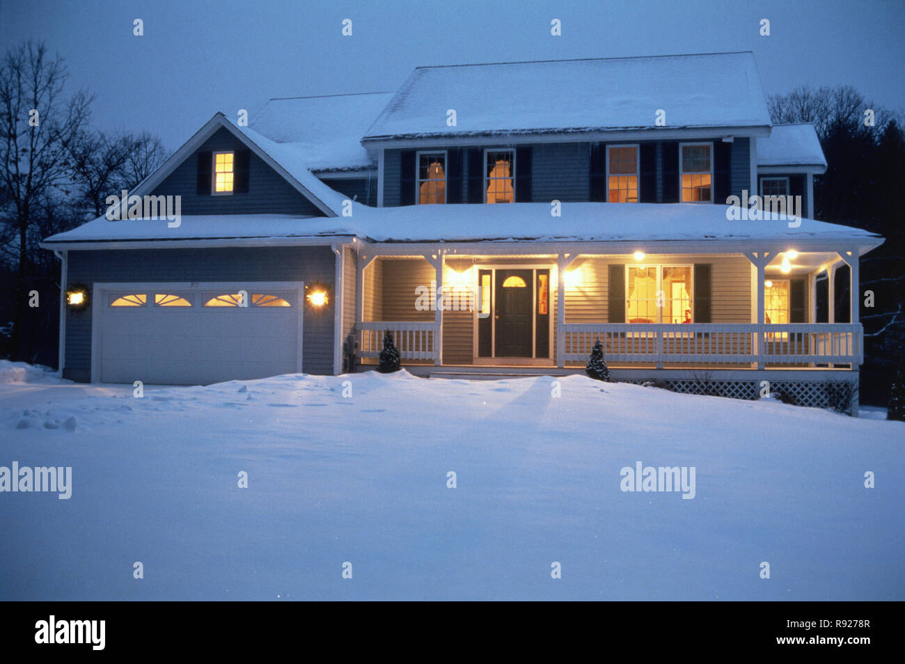 Luxury Suburban House in a Snowstorm, MA, USA Stock Photo - Alamy