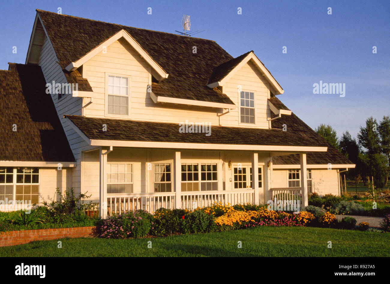 Large suburban home has welcoming front porch, Davis, California, USA ...
