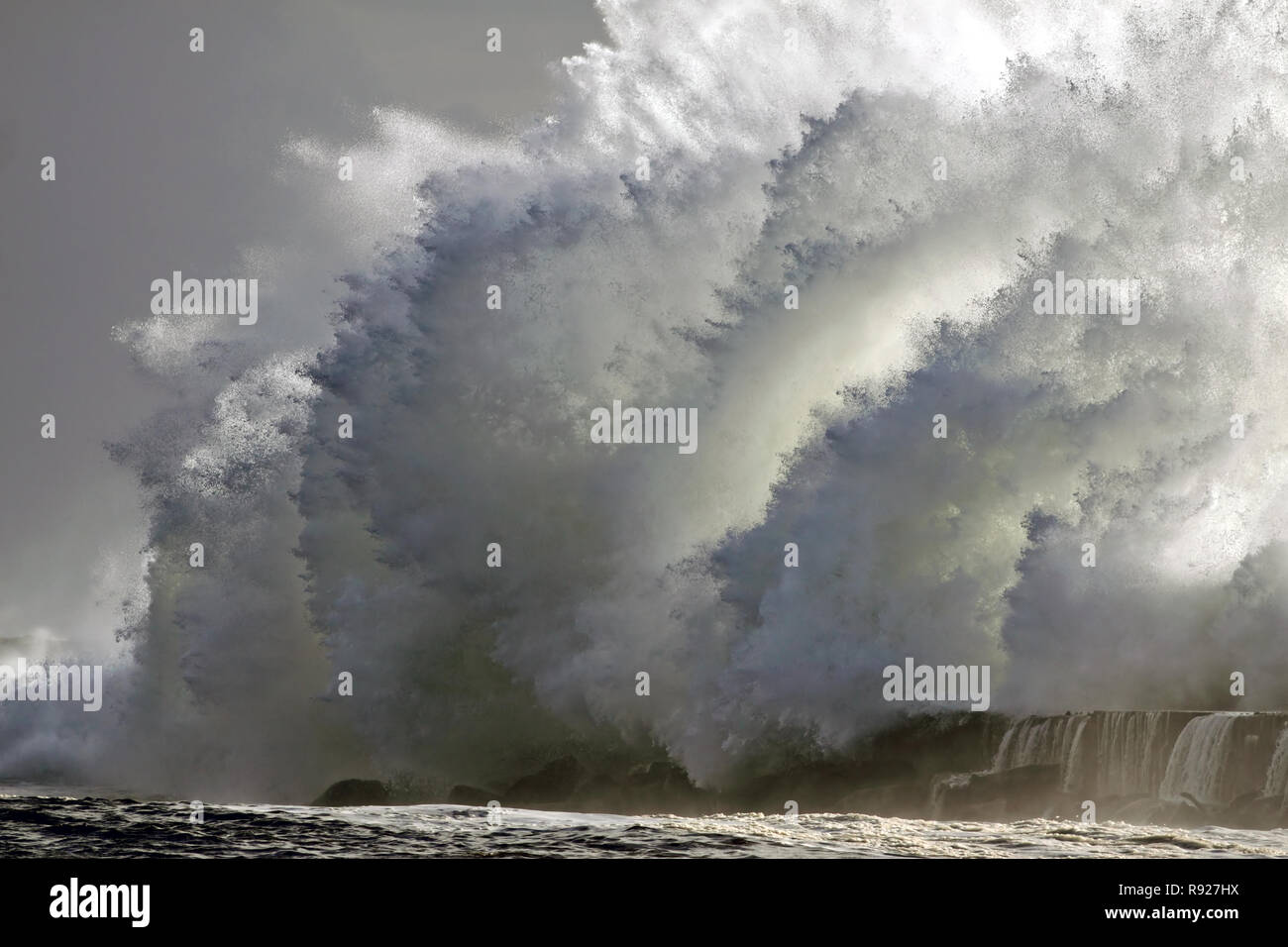 Huge stormy wave over mouth of river Ave pier, Vila do Conde, north of ...