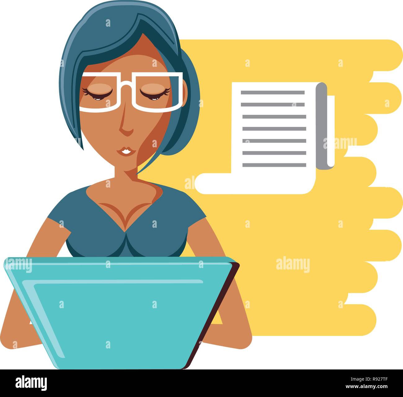 woman with laptop computer and paper receipt vector illustration design ...