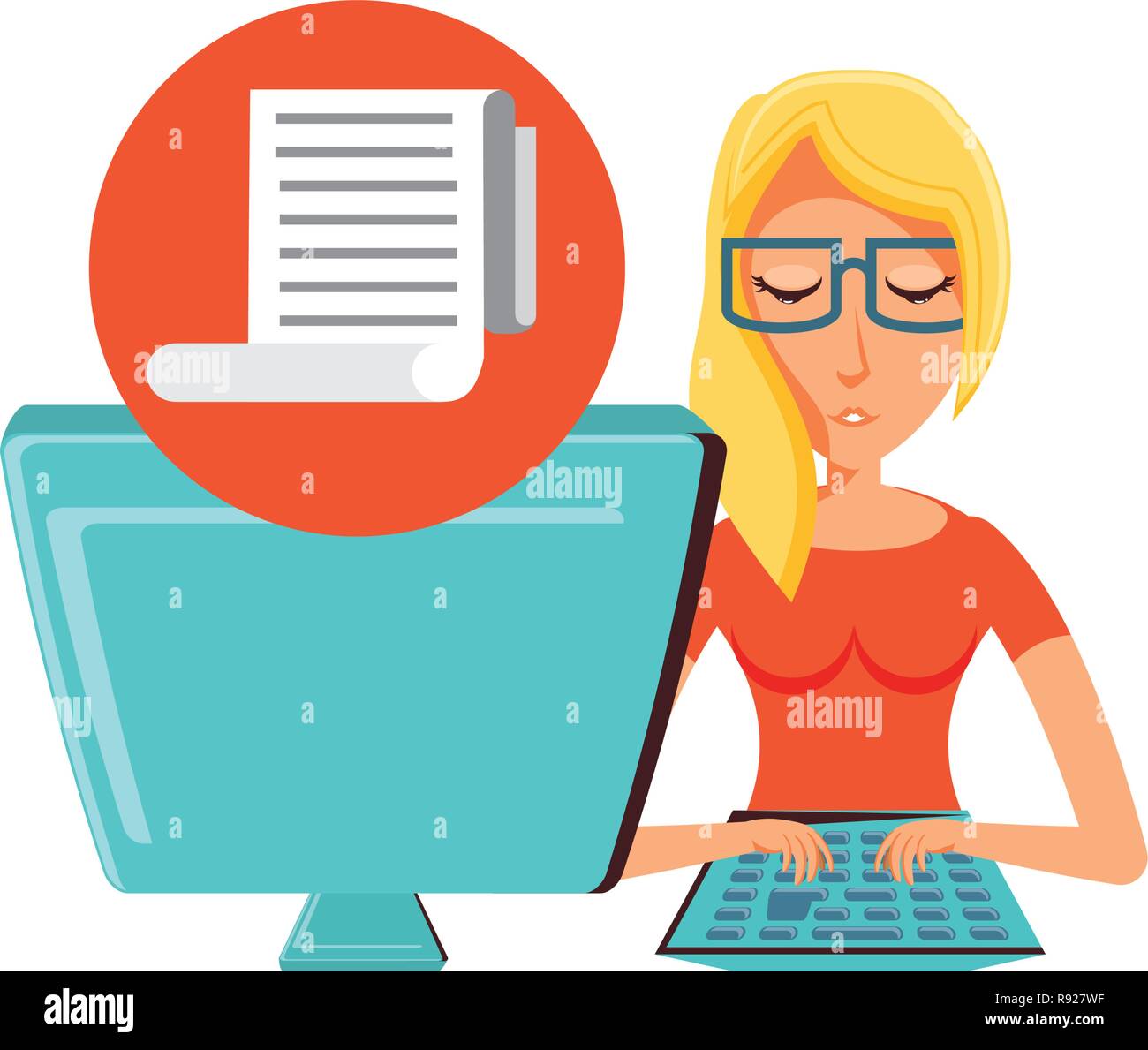 woman with desktop computer and paper receipt vector illustration ...