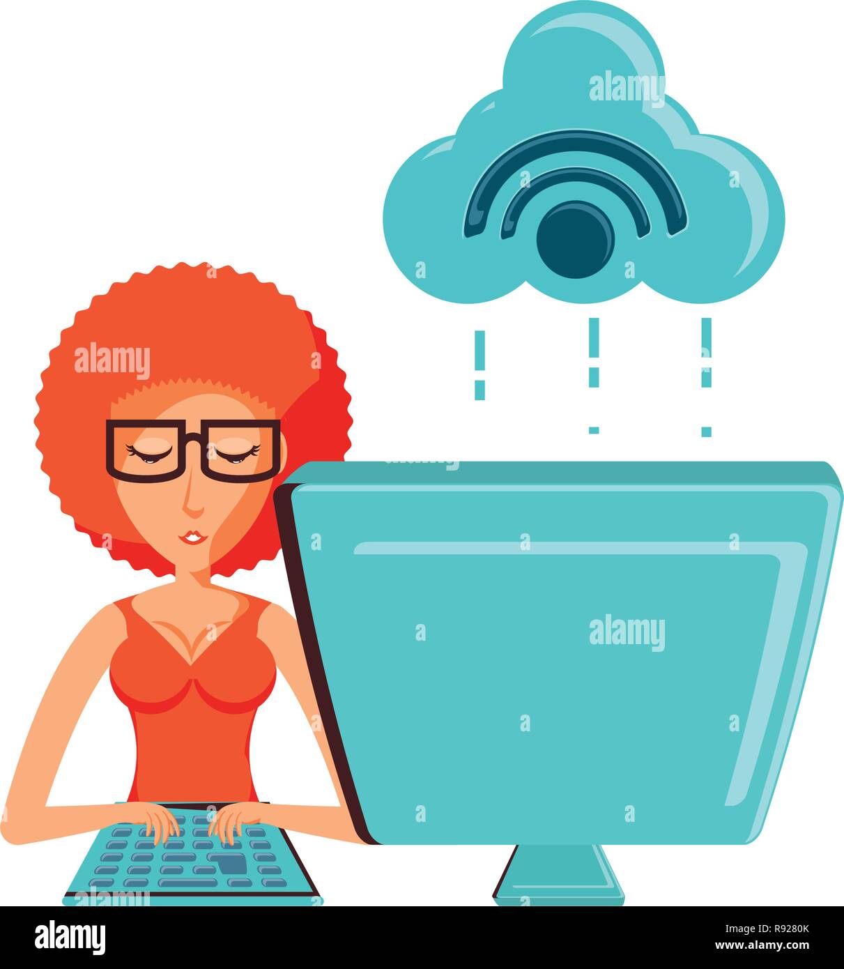 Woman With Desktop Computer And Cloud Computing Vector Illustration