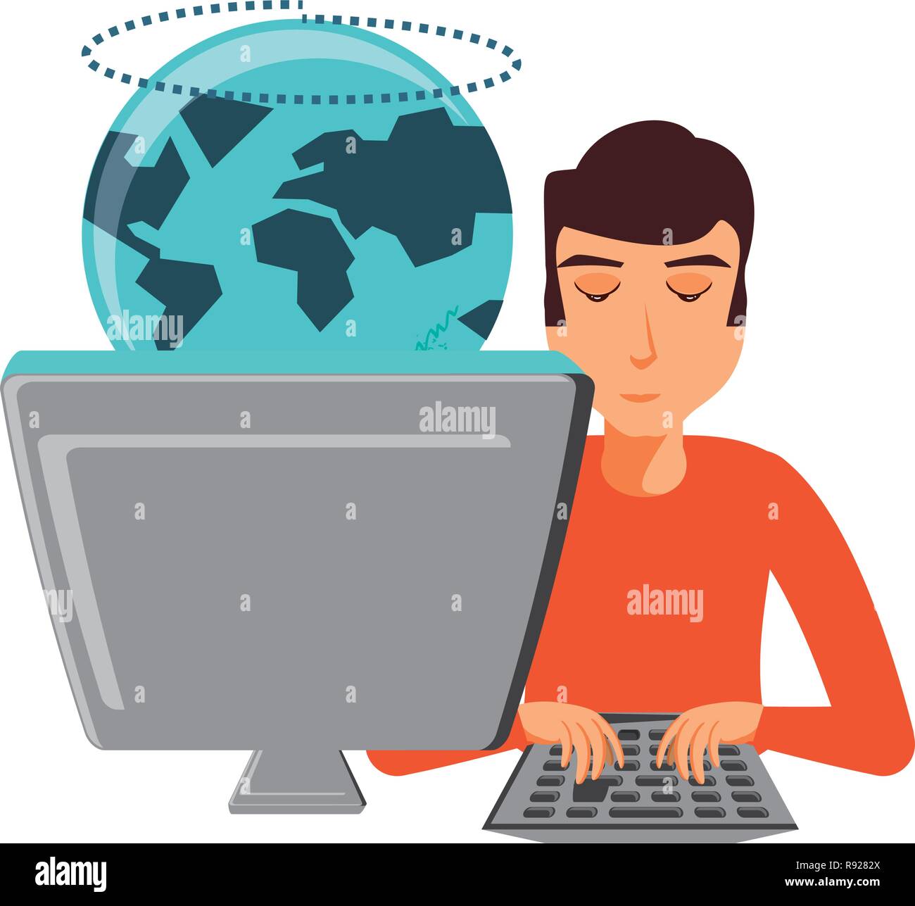 man with desktop computer and planet earth vector illustration design ...