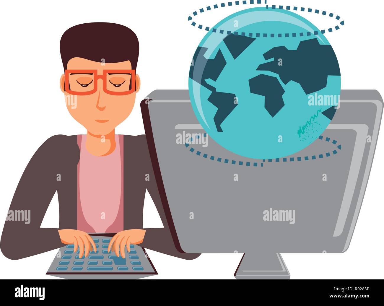 man with desktop computer and planet earth vector illustration design ...