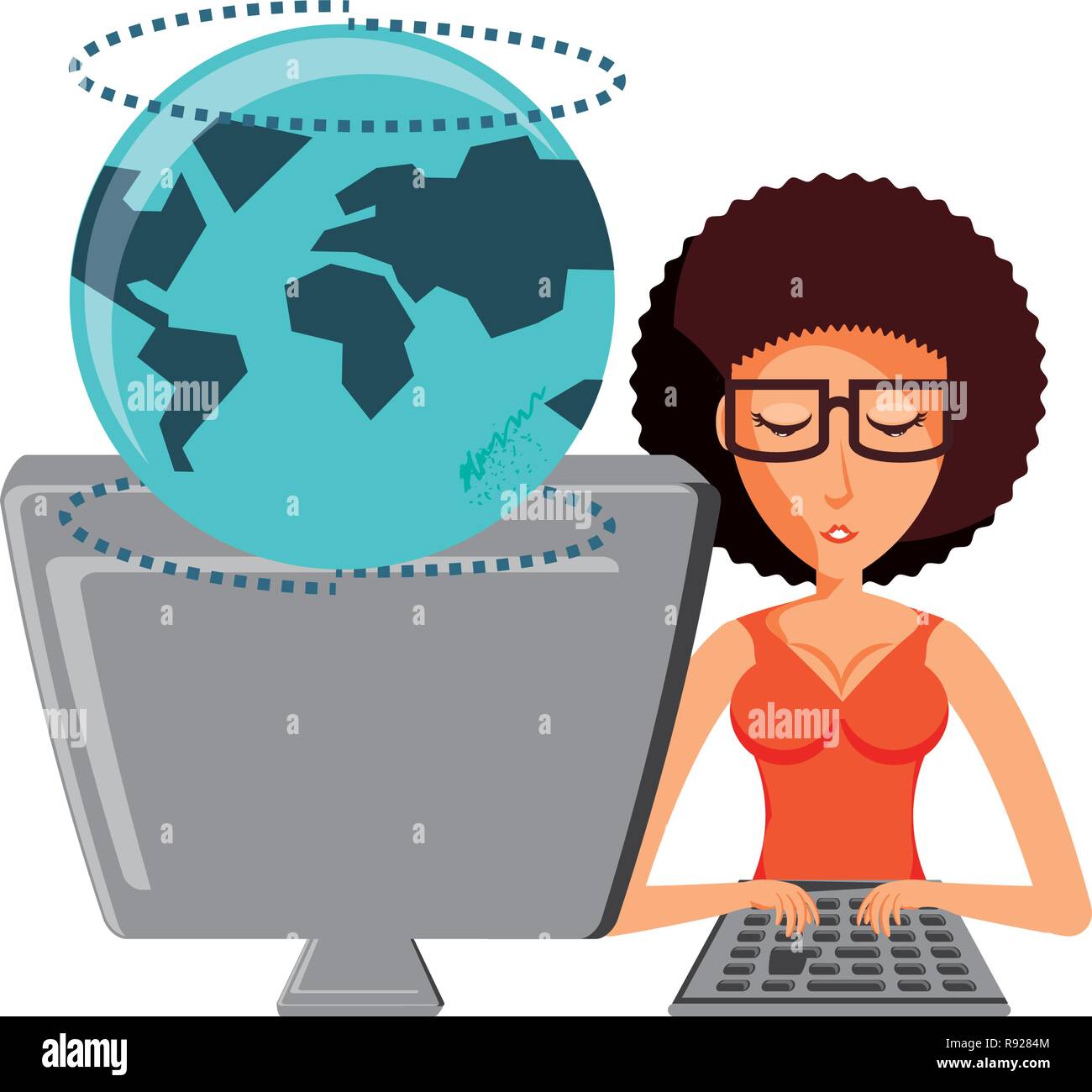 woman with desktop computer and planet earth vector illustration design ...