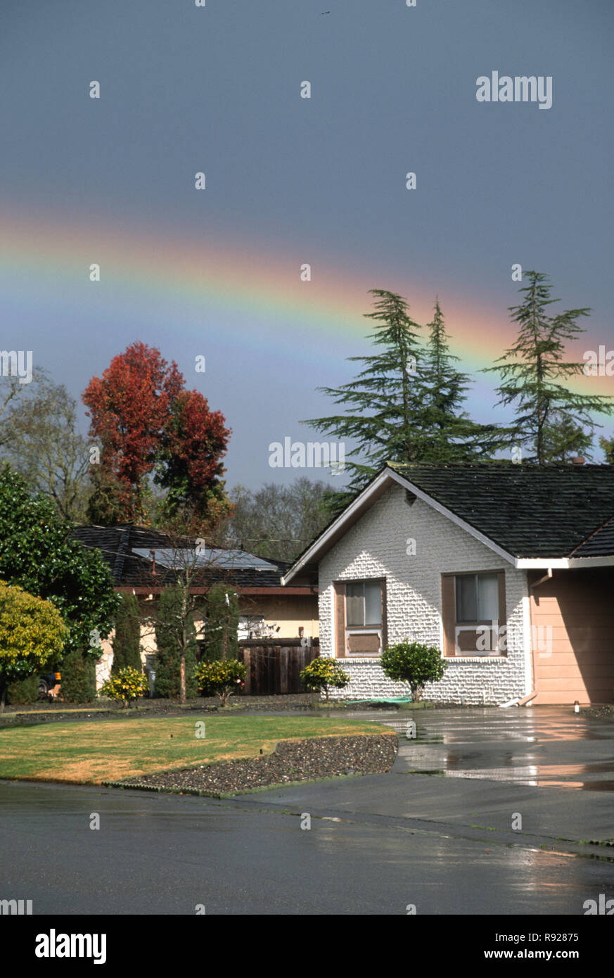A beautiful rainbow appears over a suburban neighborhood in Northern ...