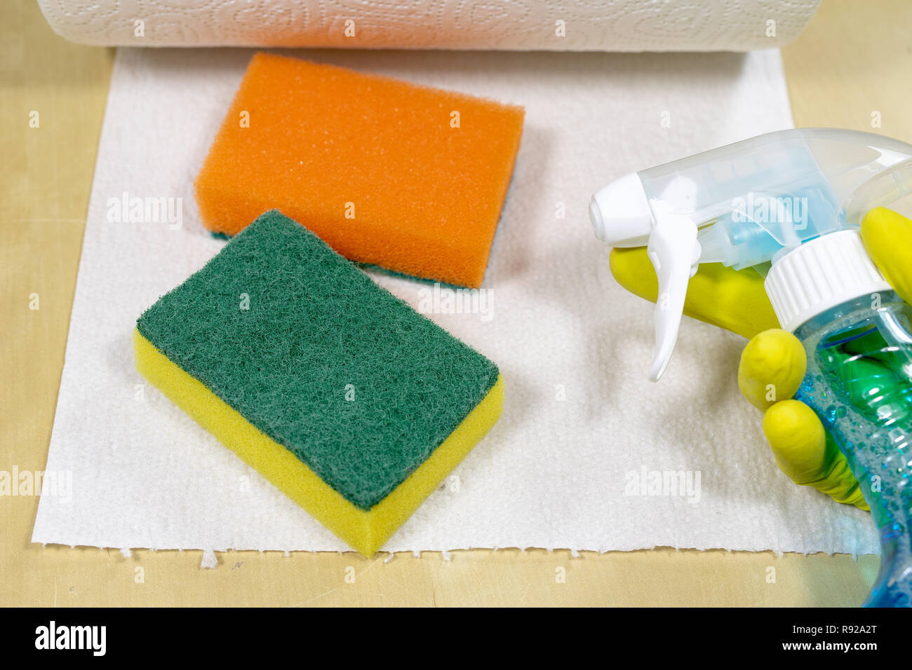 Sponge and liquid for cleaning the surface at home. Accessories for ...