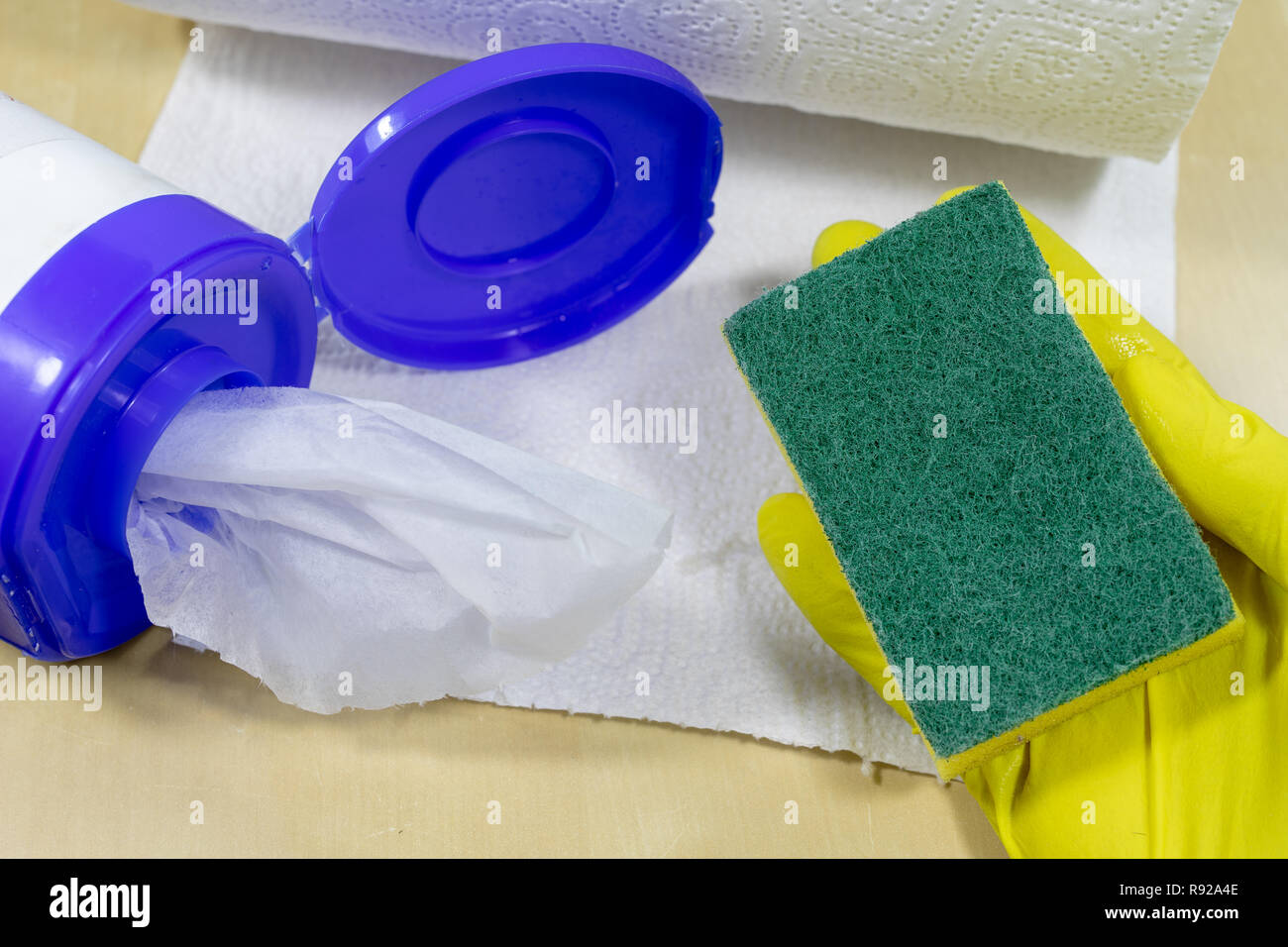 Sponge and liquid for cleaning the surface at home. Accessories for ...