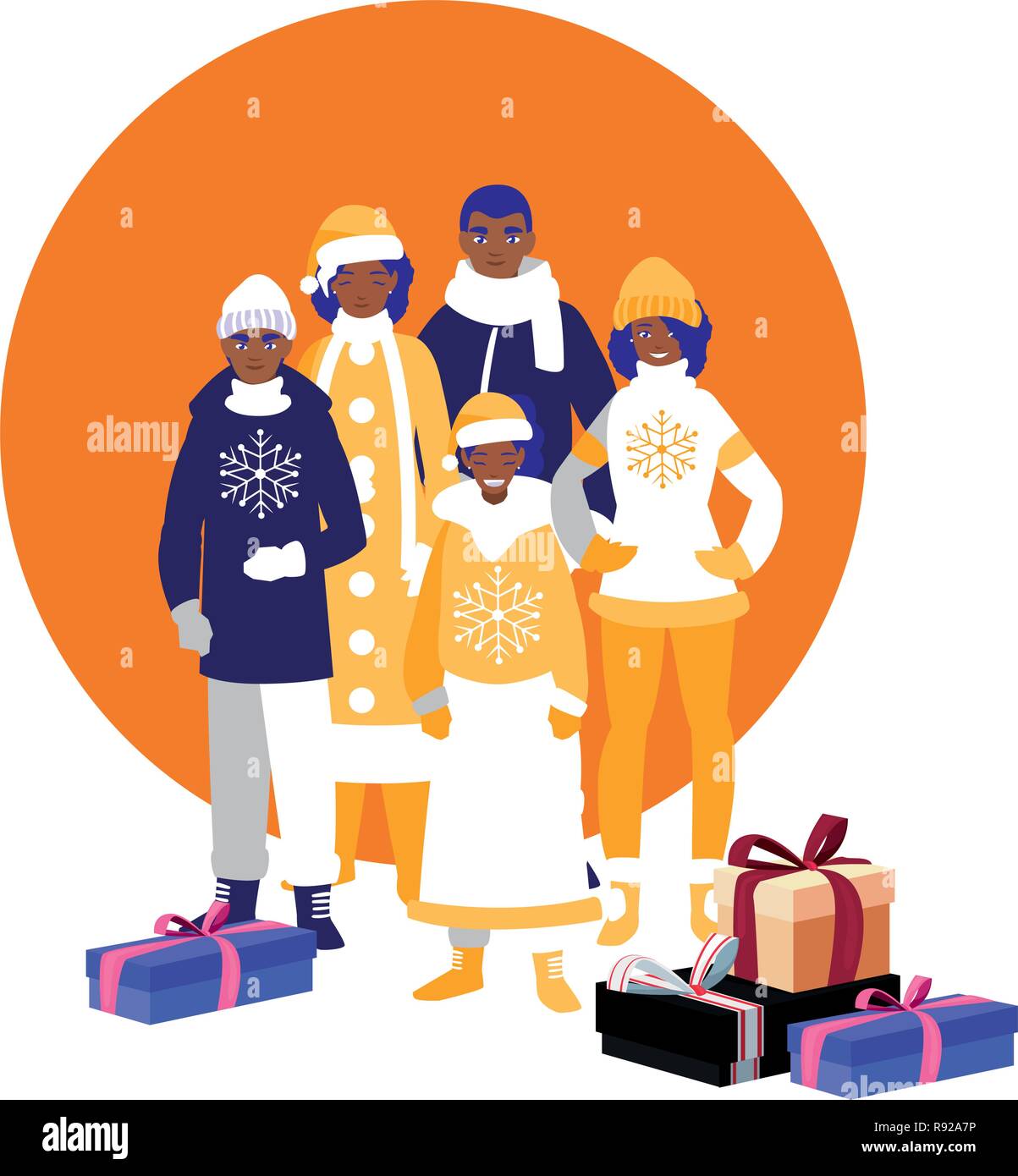 family with winter clothes and christmas gift box vector illustration ...