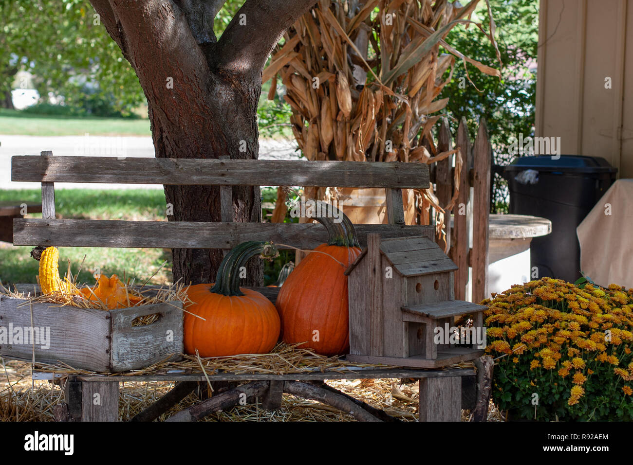 Bishop Hill storefront bench with fall decorations 2018 Stock Photo - Alamy