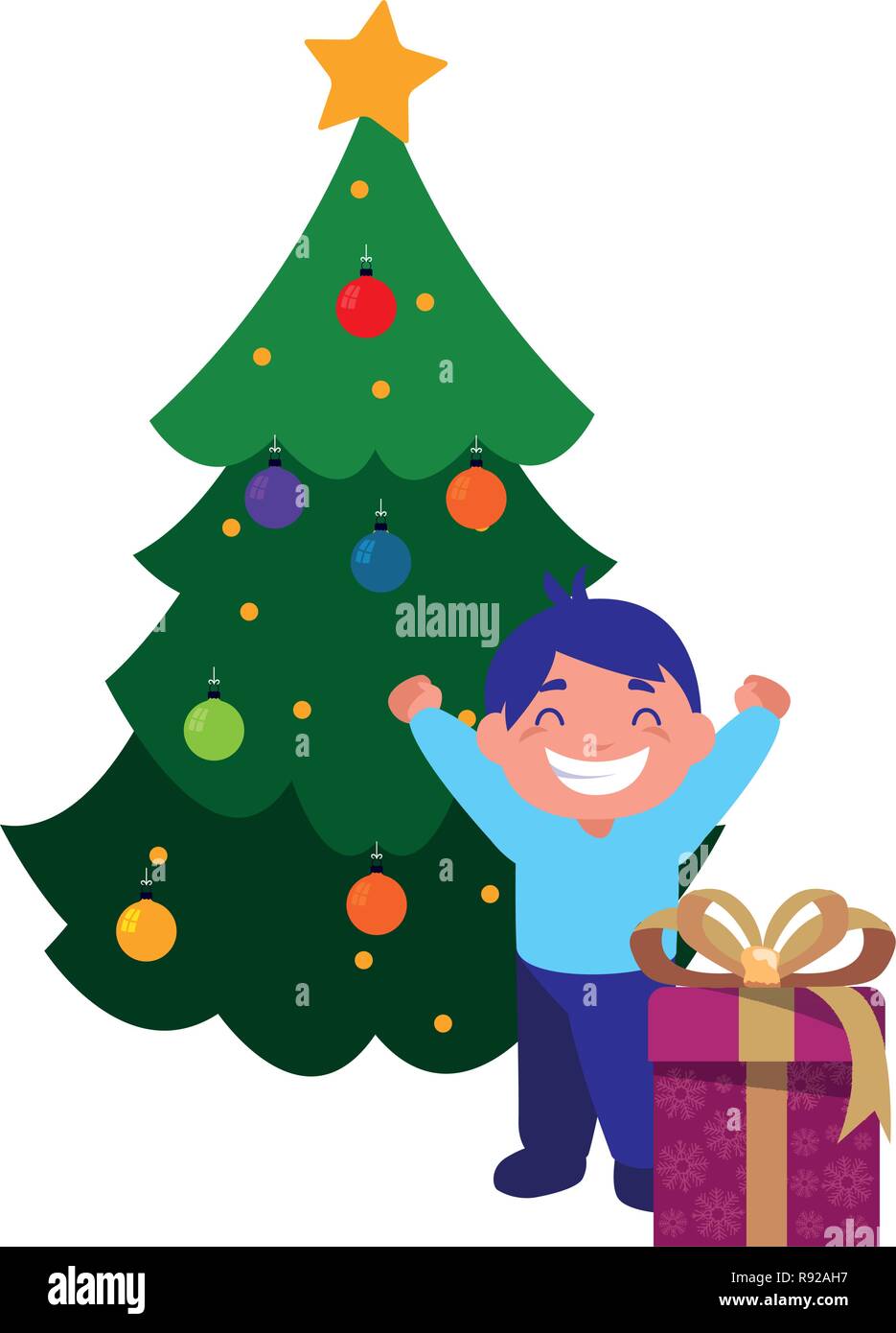 celebrating boy with christmas tree and gift vector illustration Stock ...