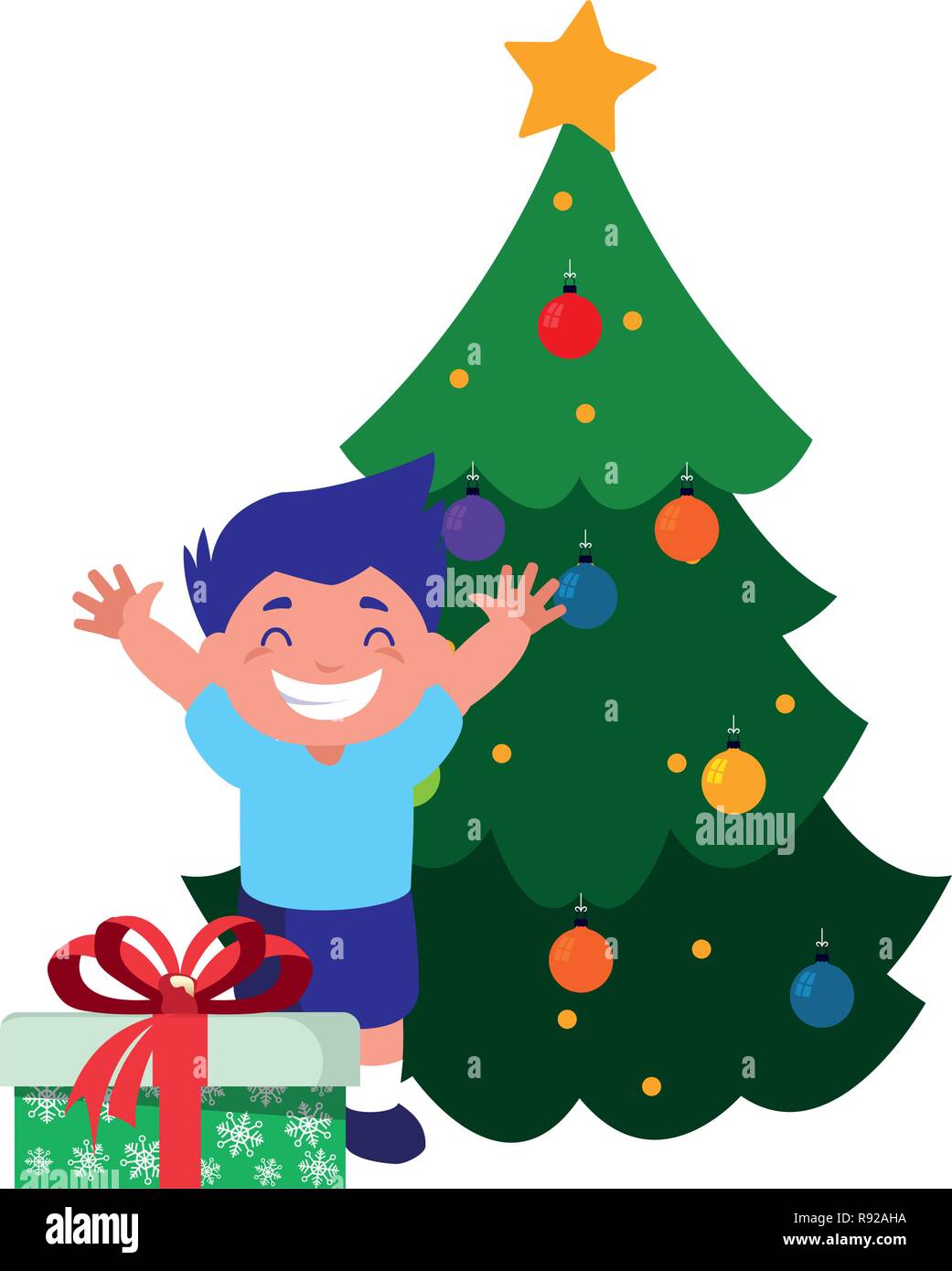 celebrating boy with christmas tree and gift vector illustration Stock ...