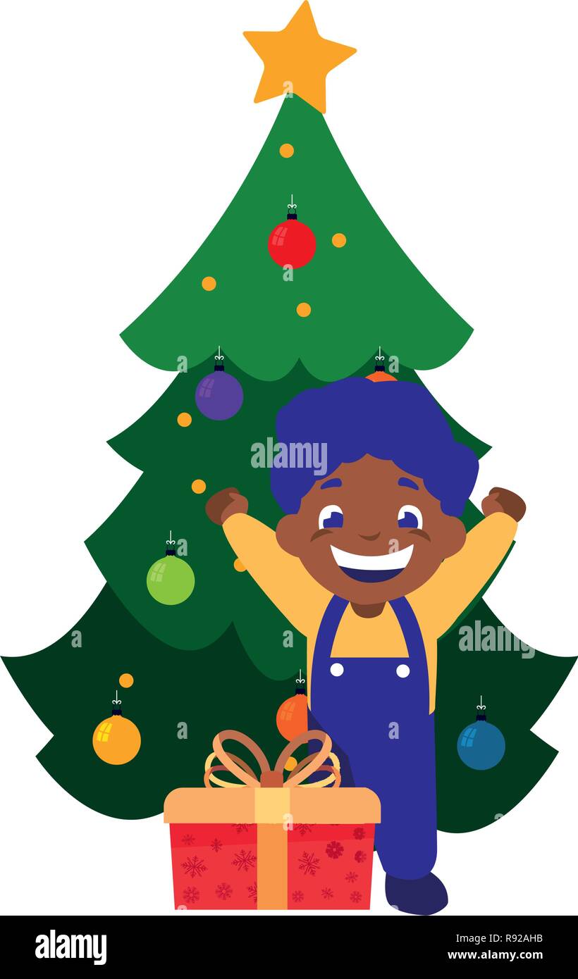 celebrating boy with christmas tree and gift vector illustration Stock ...