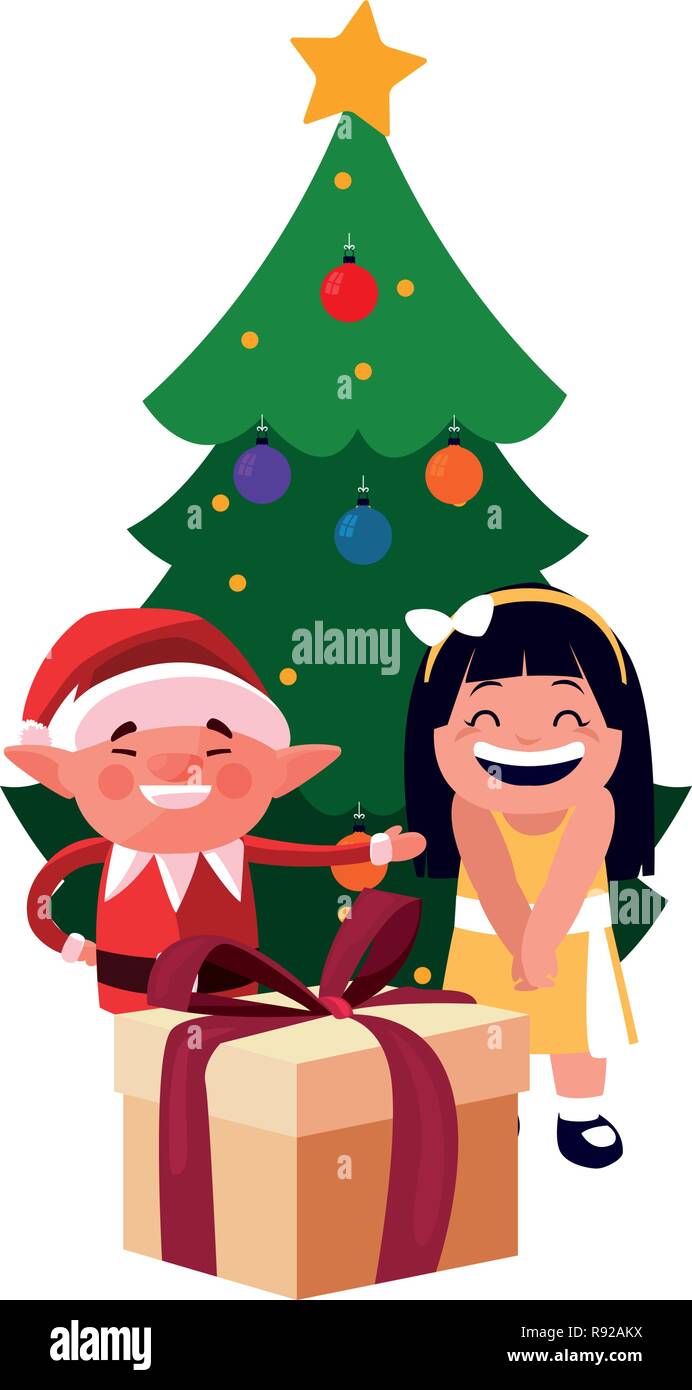 christmas elf with girl gift tree vector illustration Stock Vector ...