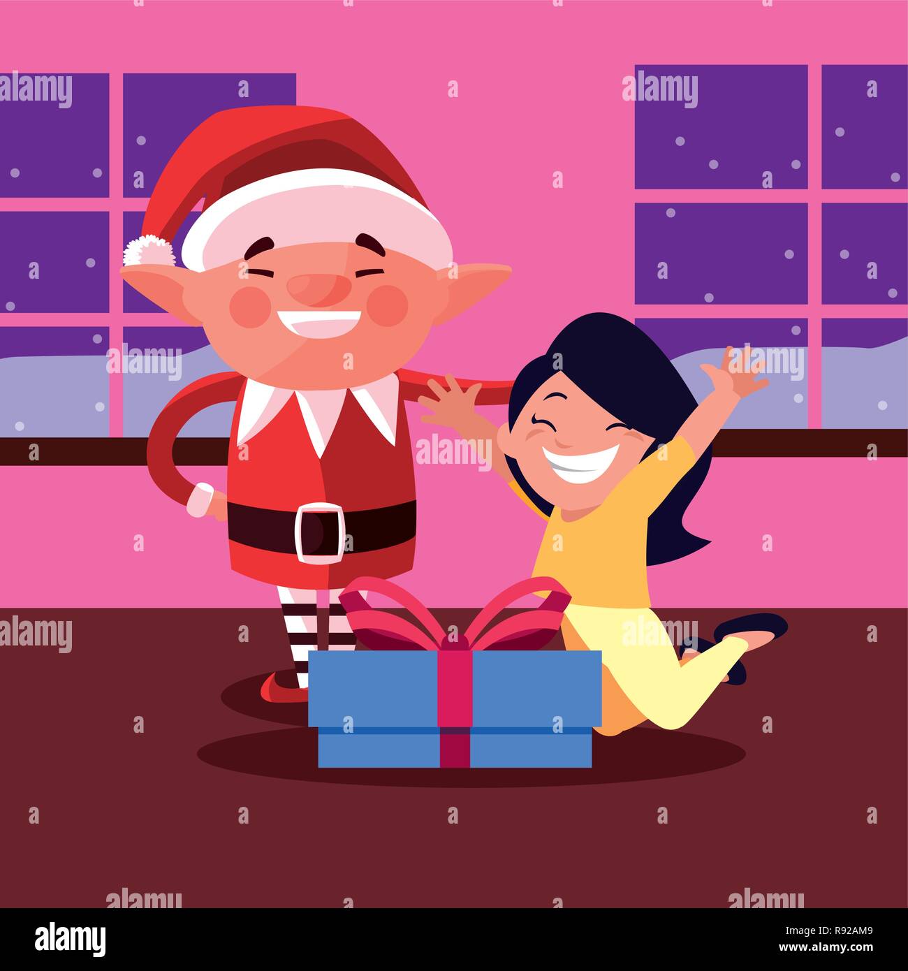 christmas elf with girl and gift vector illustration Stock Vector Image ...