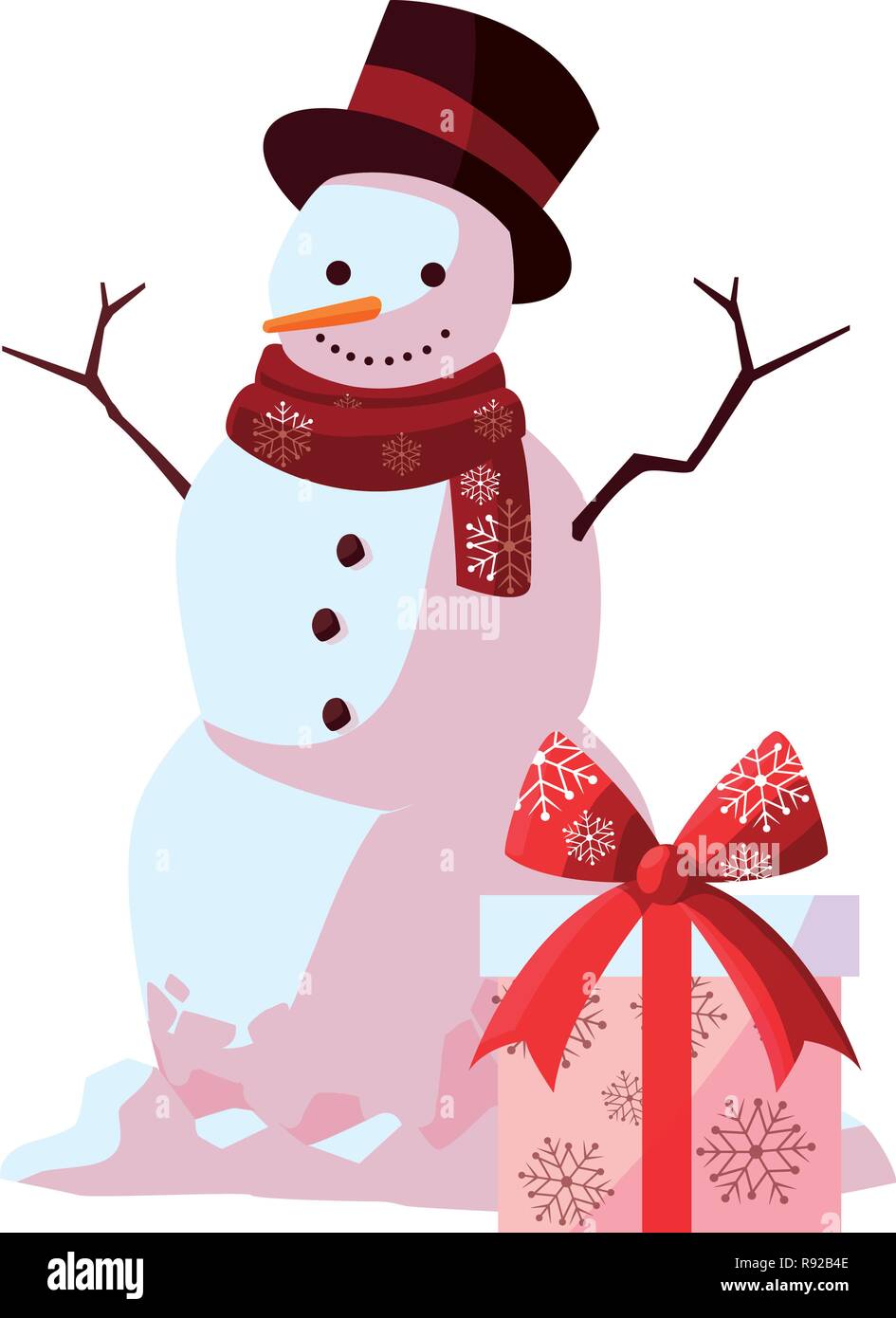 Cartoon snowman with gift box over white background, vector ...