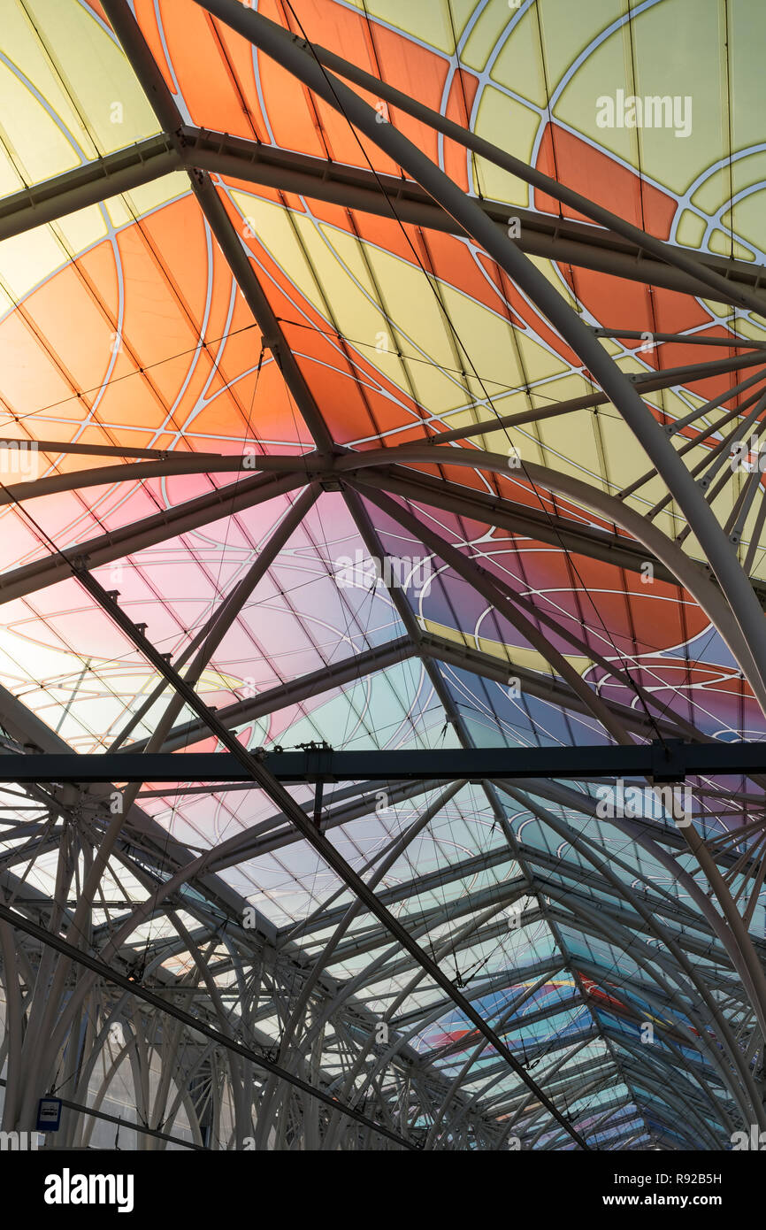 Colorful patterns on a glass roof of tram stop in Łódź, Poland Stock ...