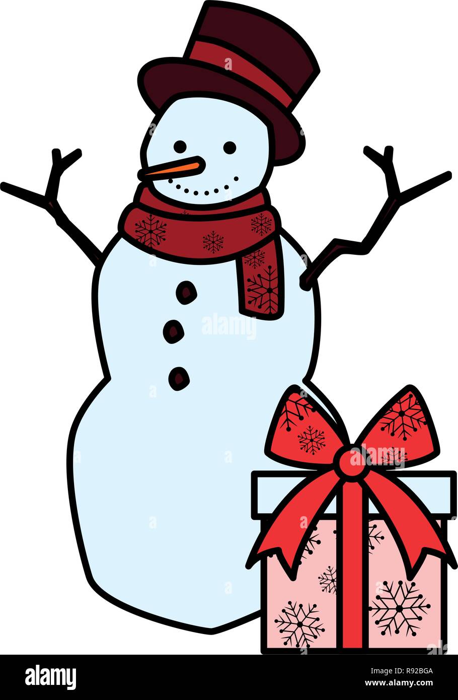 Cartoon snowman with gift box over white background, vector ...
