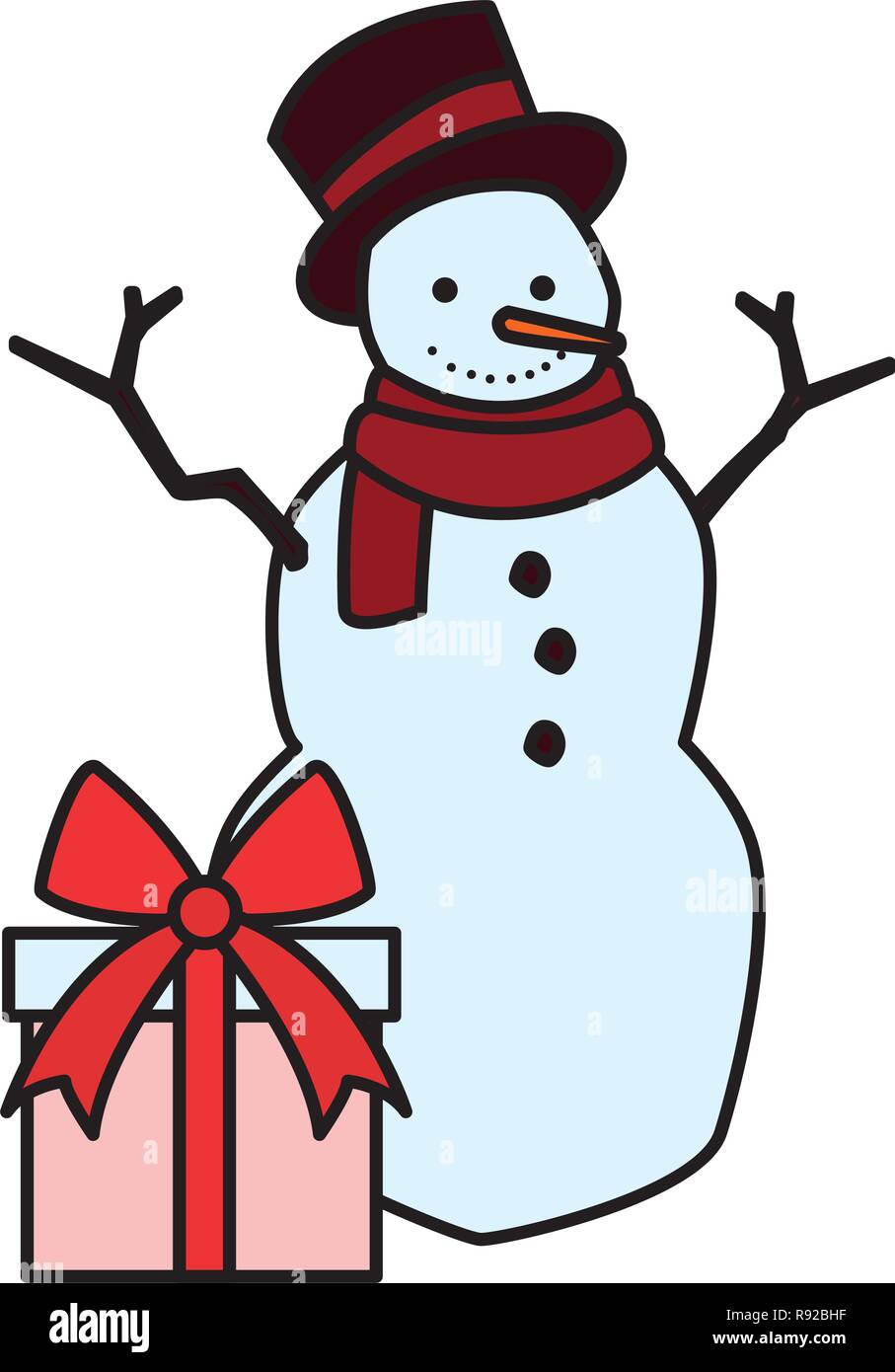 Cartoon snowman with gift box over white background, vector ...