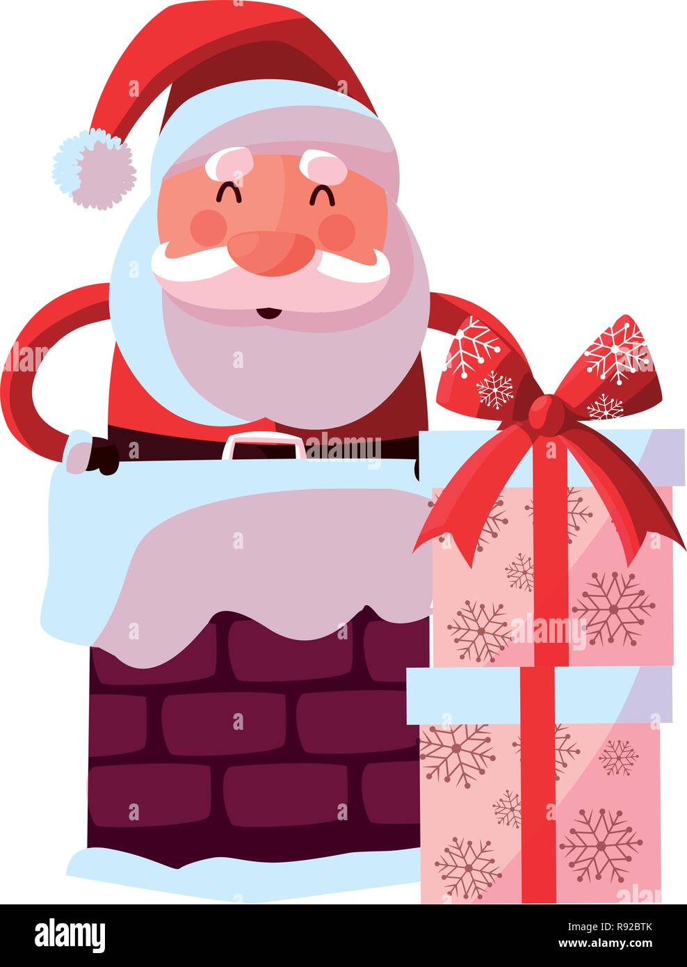 Cartoon santa claus and chimney with gift box over white background ...