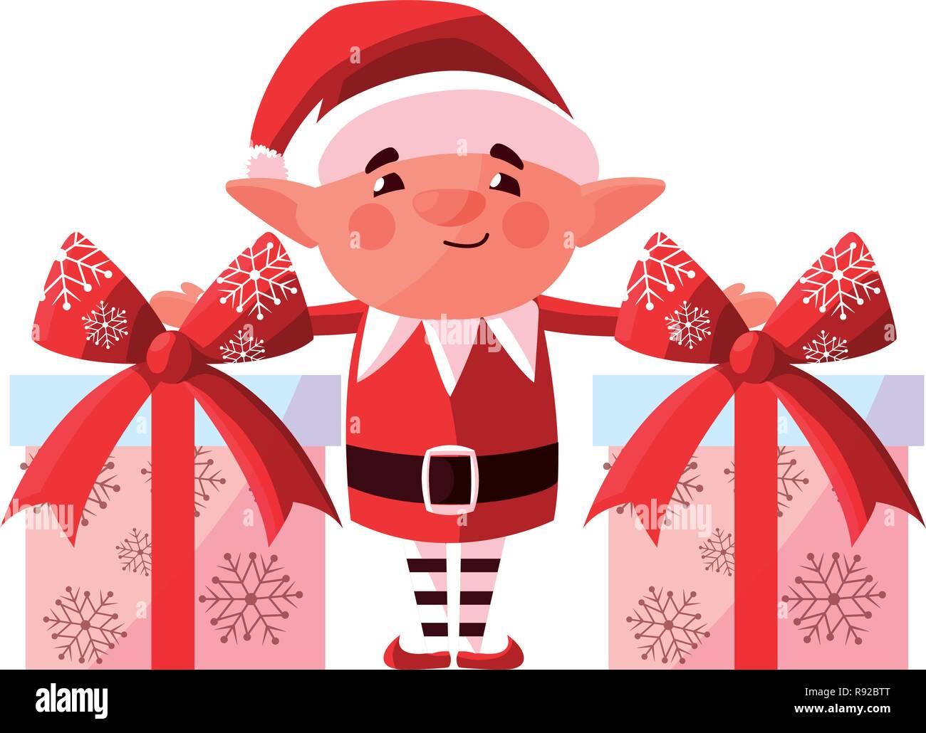Christmas elf and gift box over white background, colorful design ...