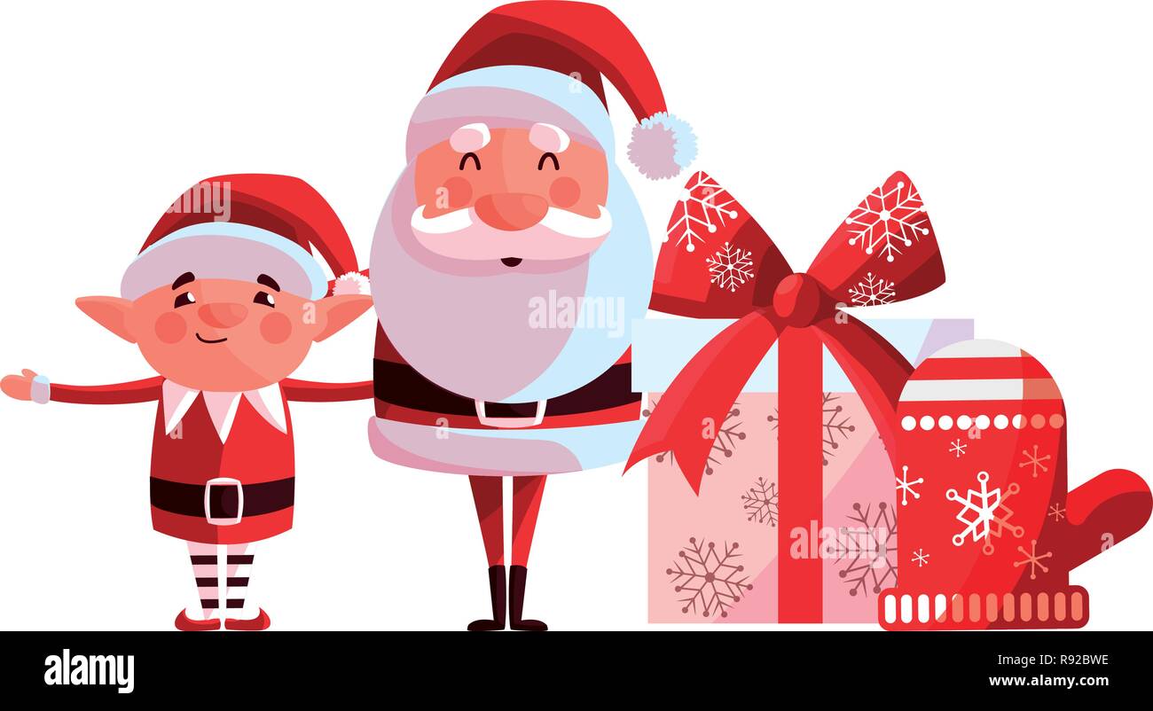 Santa claus and elf with gift box over white background, vector ...