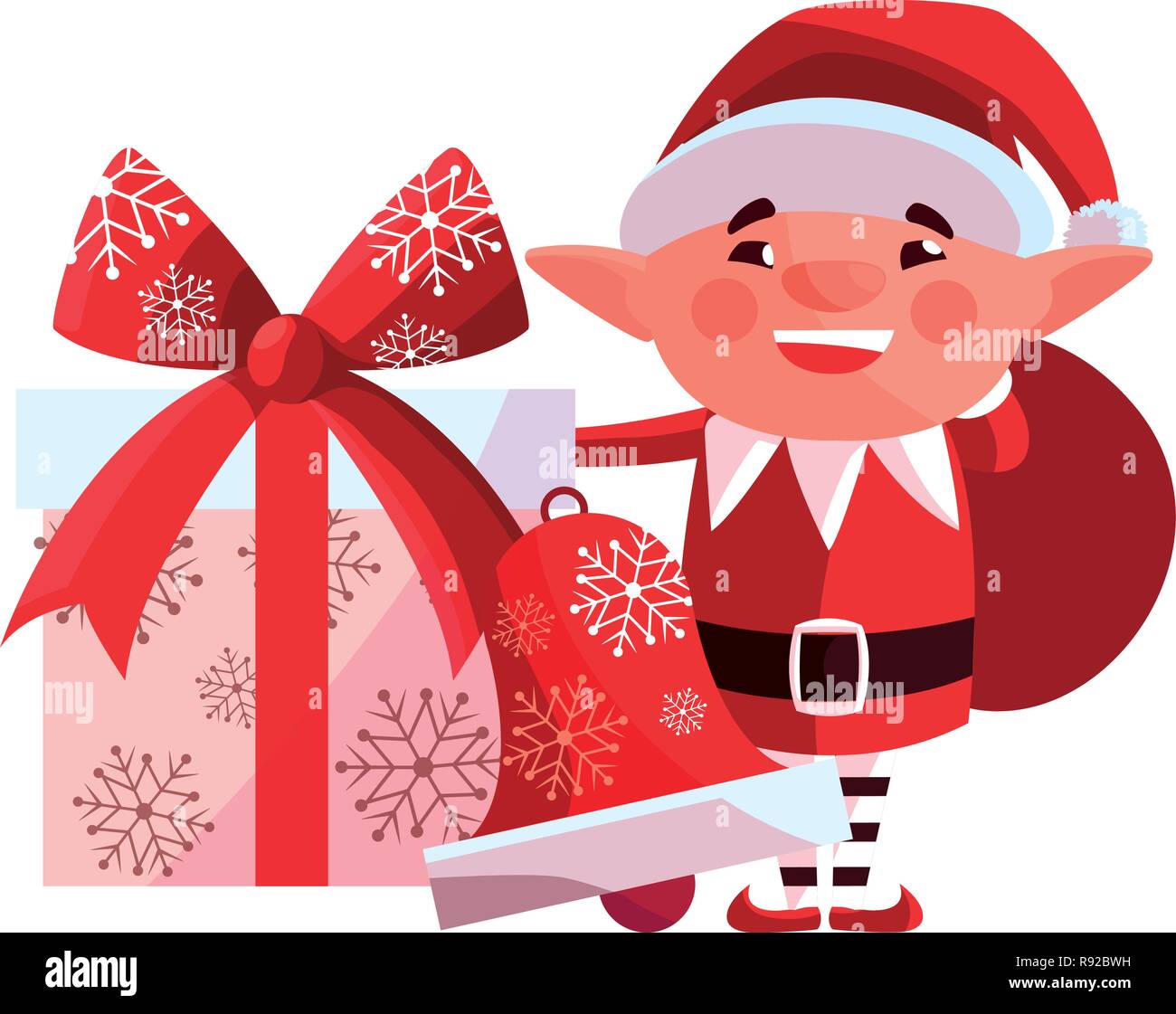 Christmas elf and gift box over white background, colorful design ...