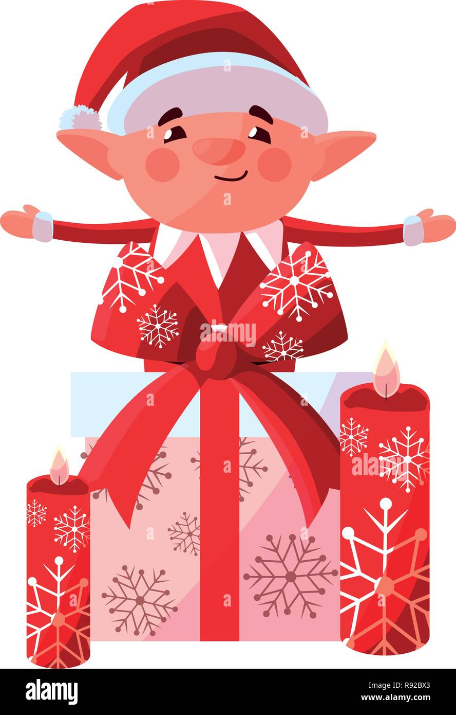 Christmas elf and gift box over white background, colorful design ...