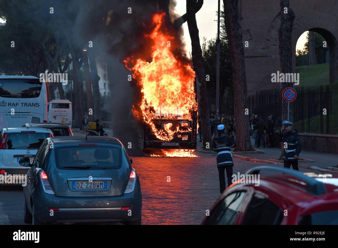 Rome, Italy. 18th December, 2018. Tourist bus fire in Rome. Credit ...