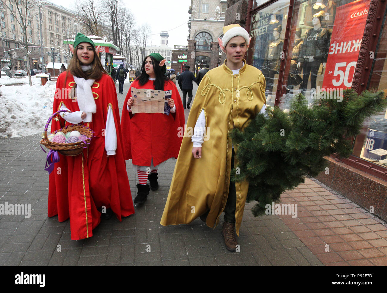 December 18, 2018 - Kiev, Kiev, Ukraine - People wearing costumes of Christmas Elves seen ...