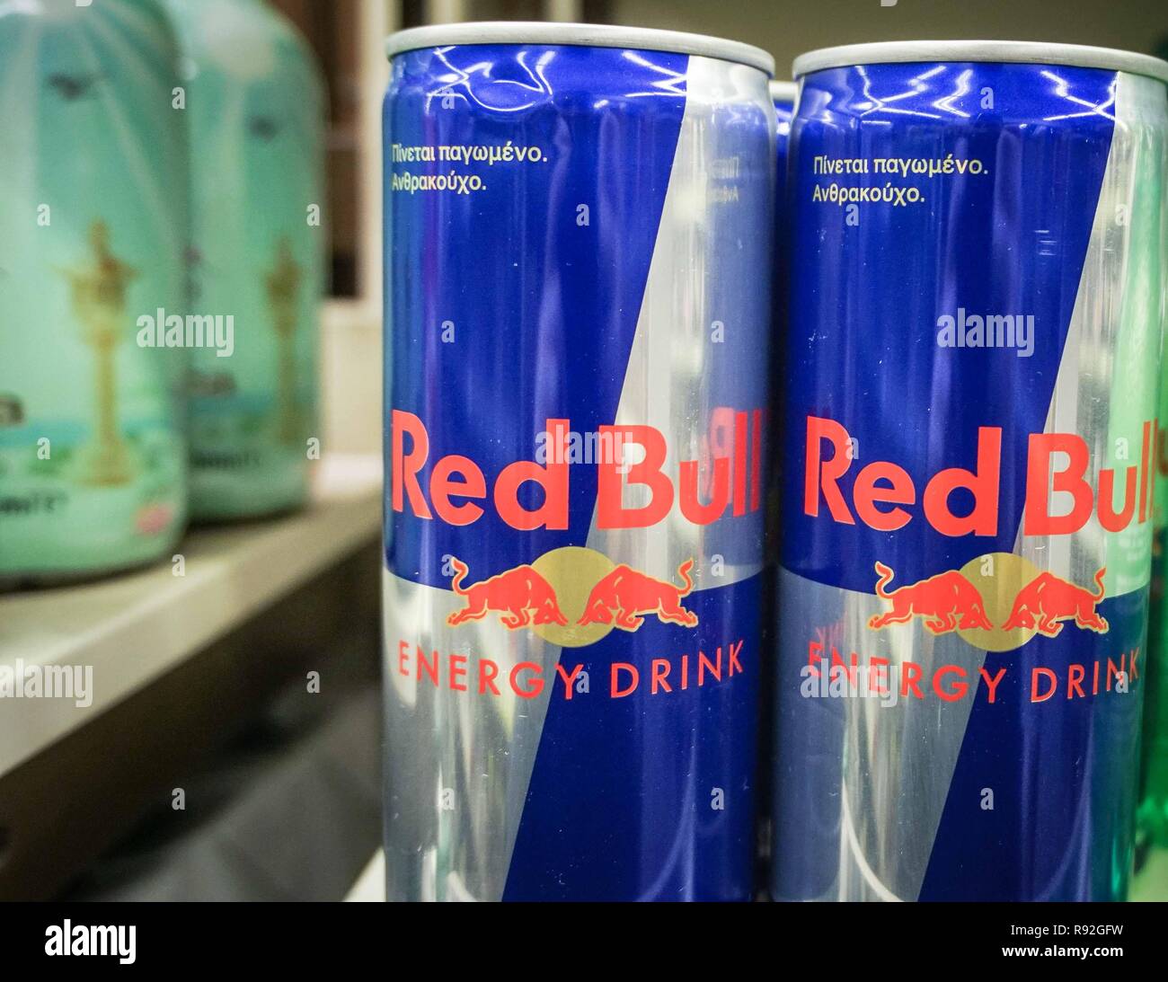 Athens, Greece. 18th Dec, 2018. Red Bull cans are seen on the shelf of ...